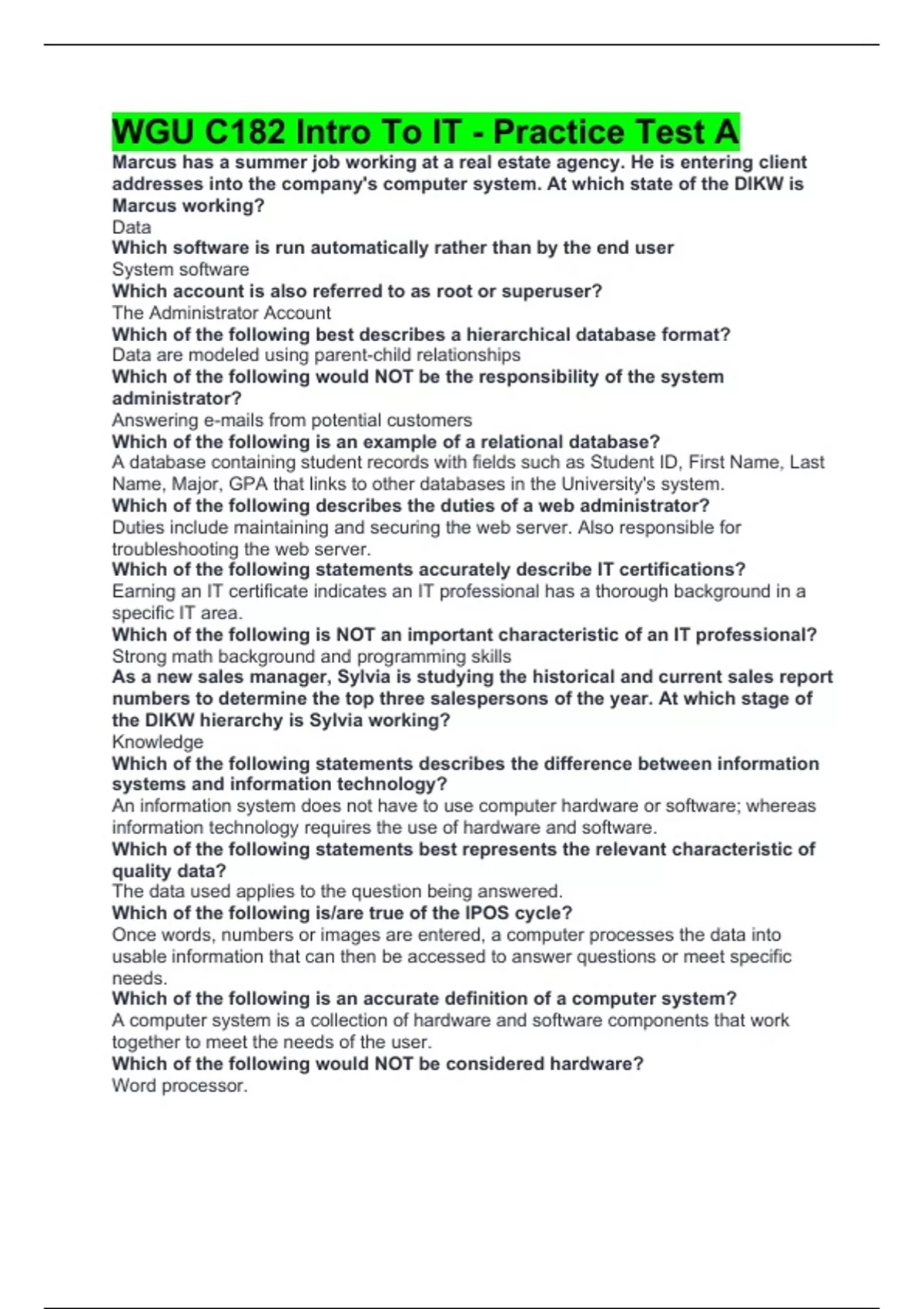 WGU C182 Intro To IT - Practice Test A - WGU C182 - Stuvia US