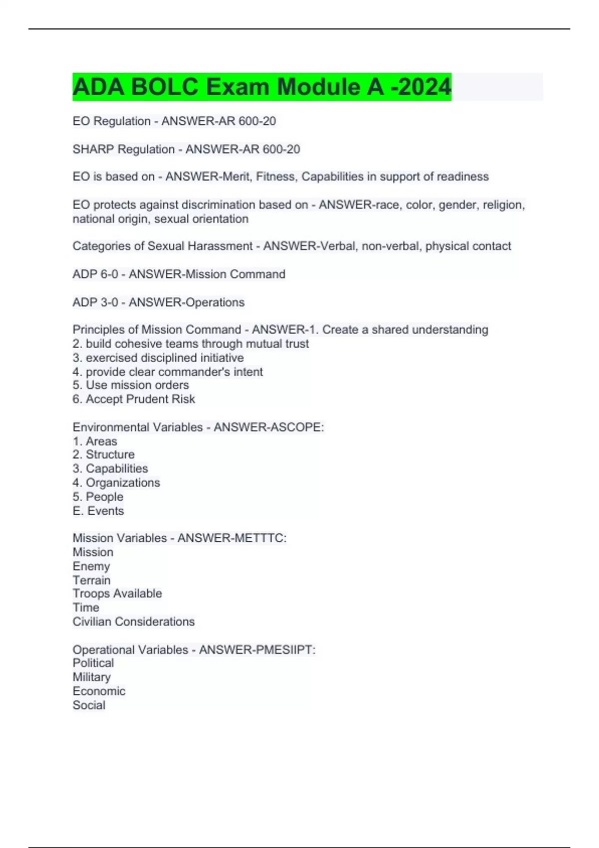 ADA BOLC Exam Module A -2024 - ADA BOLC - Stuvia US