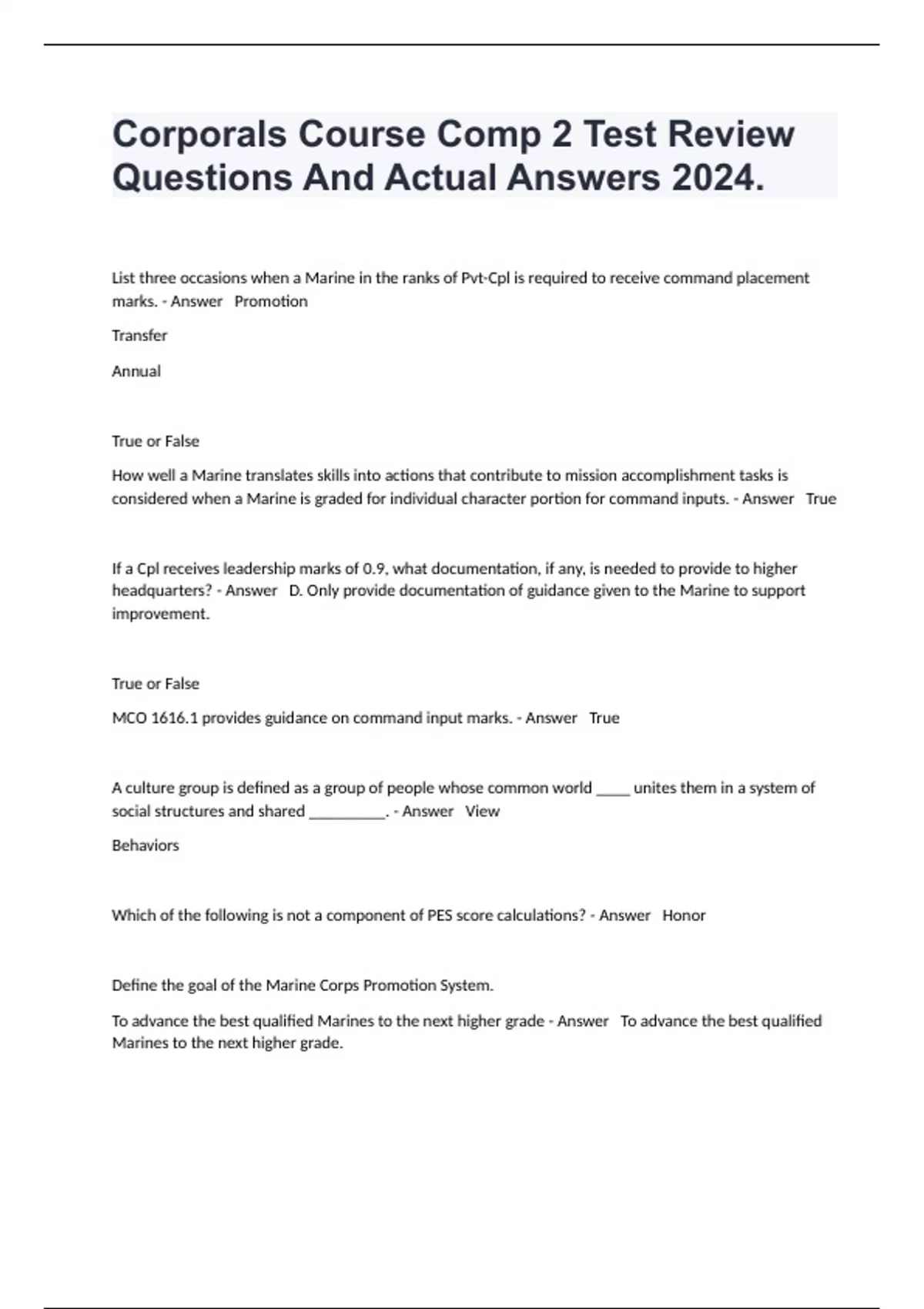 Corporals Course Comp 2 Test Review Questions And Actual Answers 2024 Corporals Course