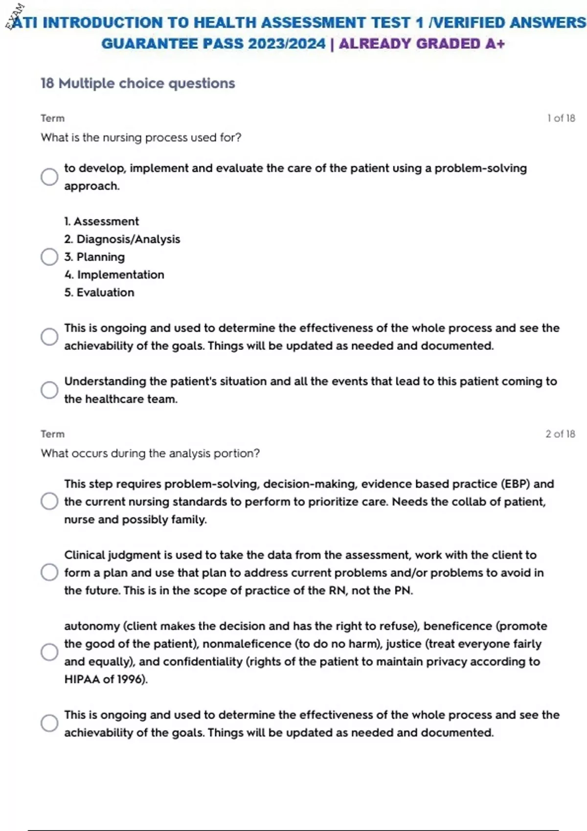 ATI INTRODUCTION TO HEALTH ASSESSMENT TEST 1/VERIFIED ANSWERS/GUARANTEE ...