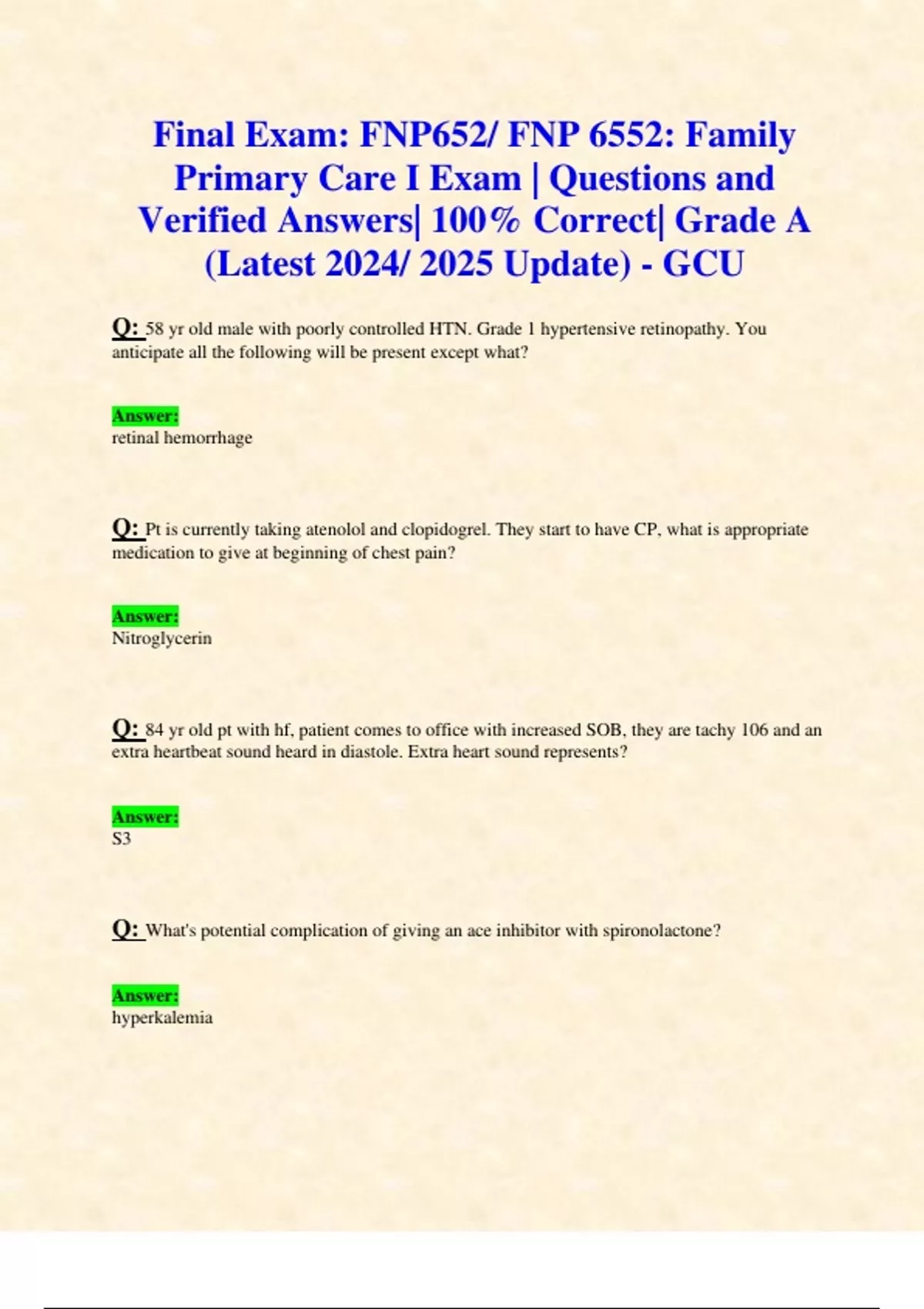 Final Exam: FNP652/ FNP 652: Family Primary Care I Exam | Questions and ...