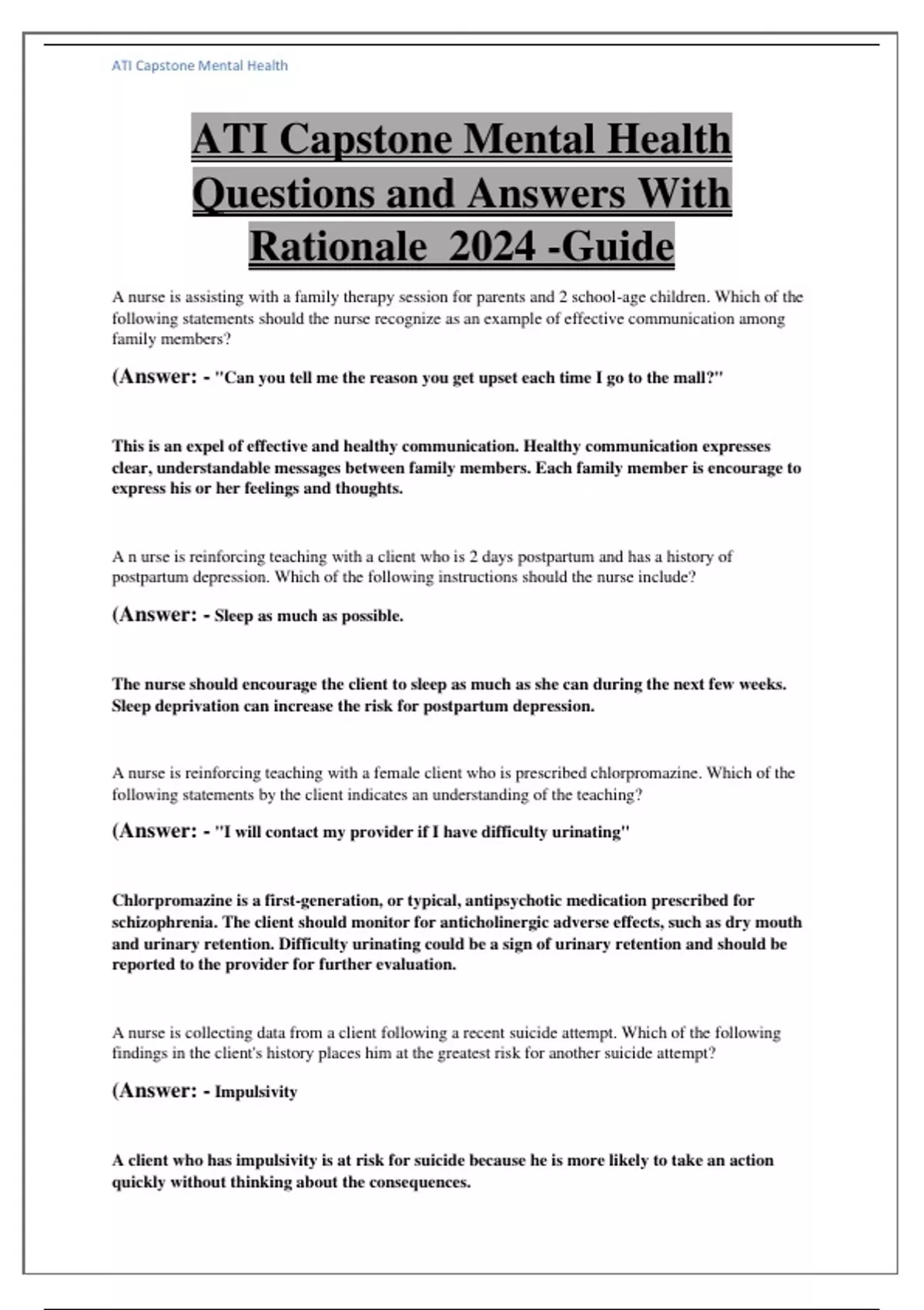 ATI Capstone Mental Health Questions and Answers With Rationale 2024 ...