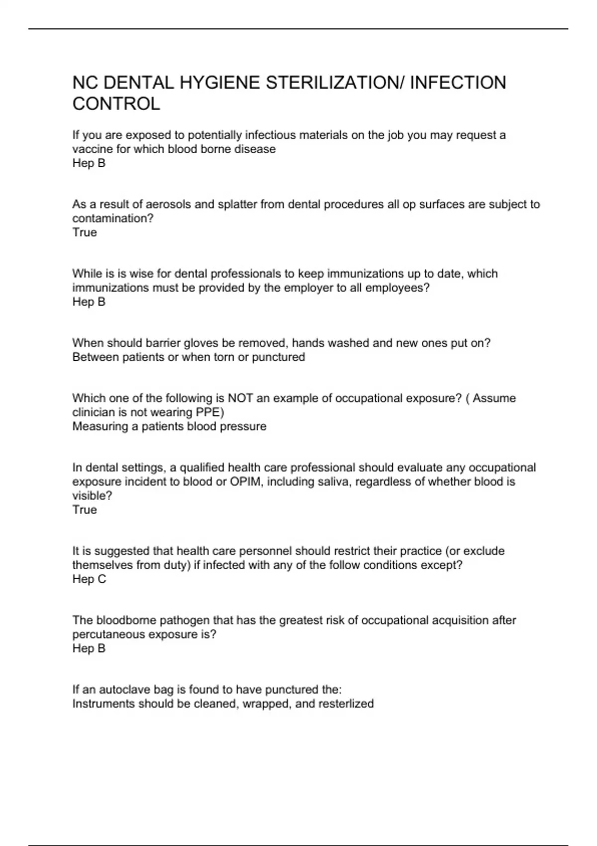 NC DENTAL HYGIENE STERILIZATION/ INFECTION CONTROL - NC DENTAL HYGIENE ...