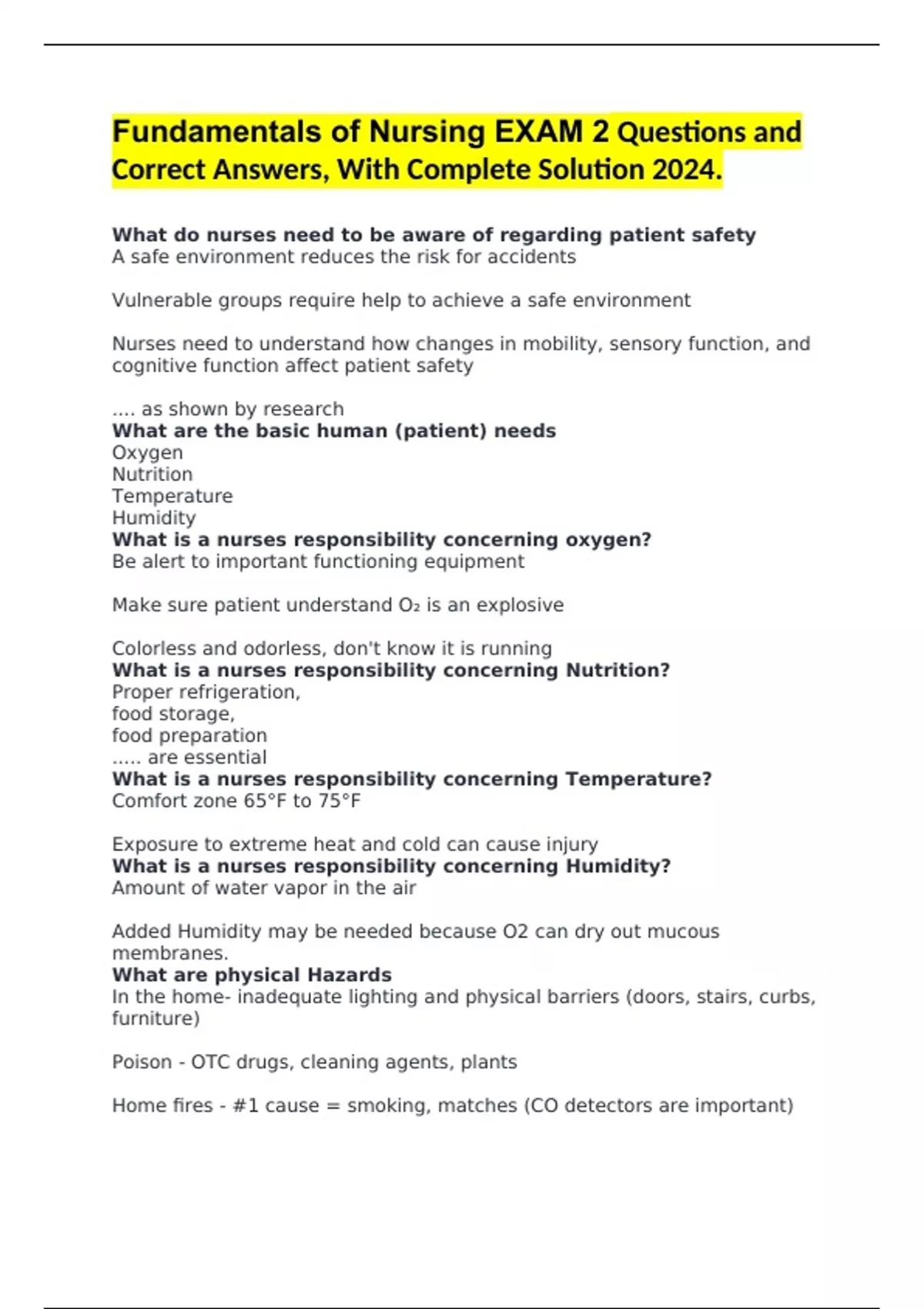 Fundamentals of Nursing EXAM 2 Questions and Correct Answers, With ...