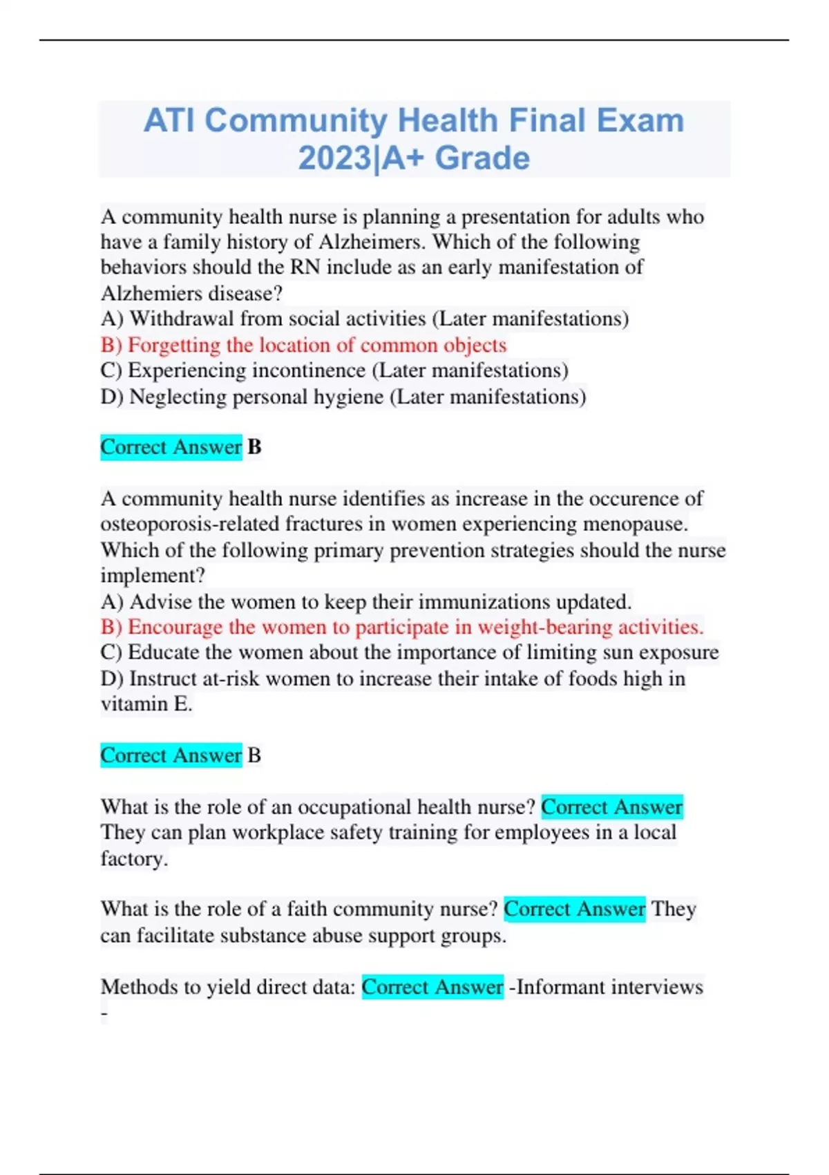 ATI Community Health Final Exam |A+ Grade - ATI COMMUNTY HEALTH 2024 ...