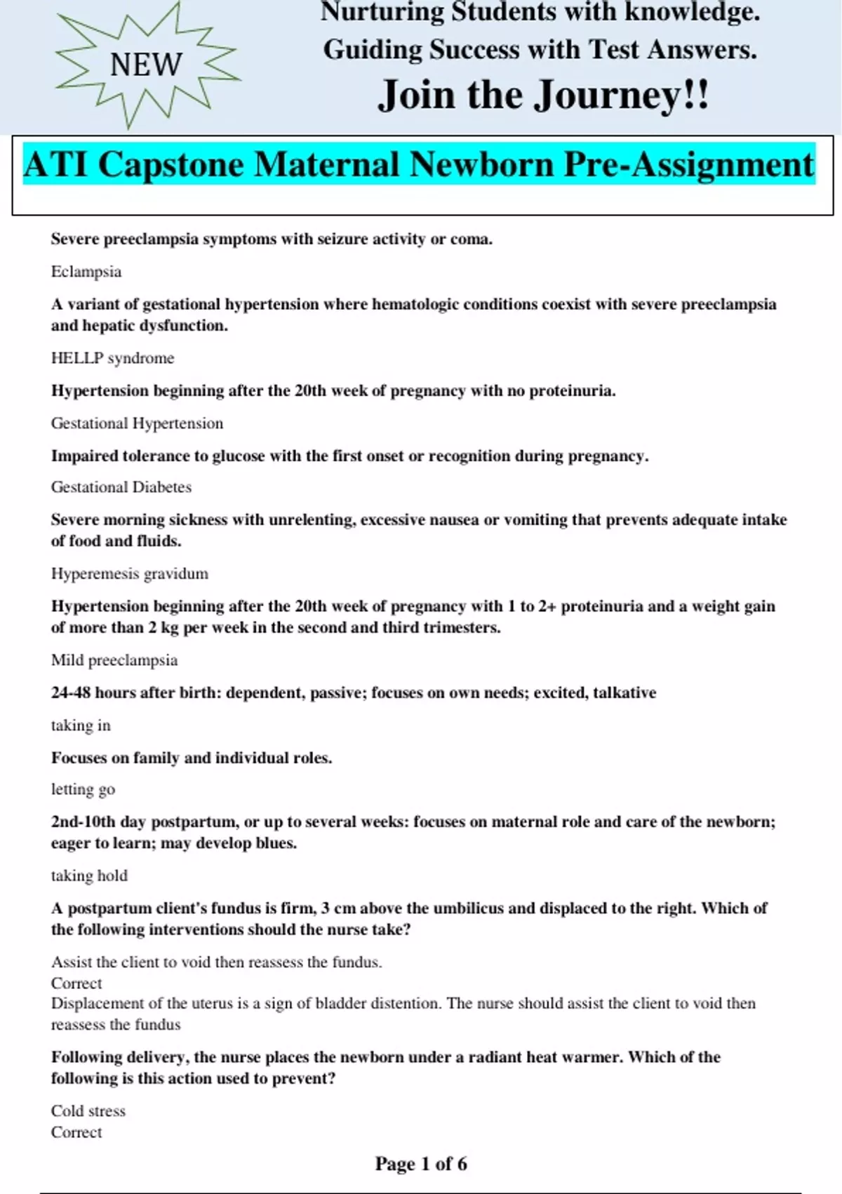 ATI Capstone Maternal Newborn Pre-Assignment Questions with Correct ...