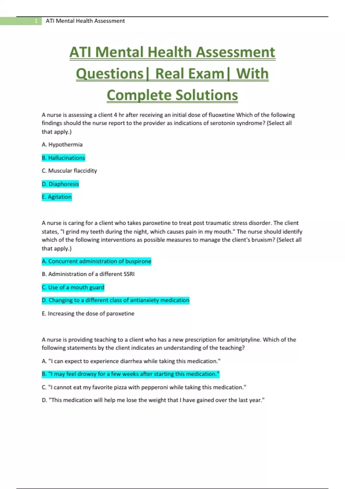 ATI Mental Health Assessment Questions| Real Exam| With Complete ...