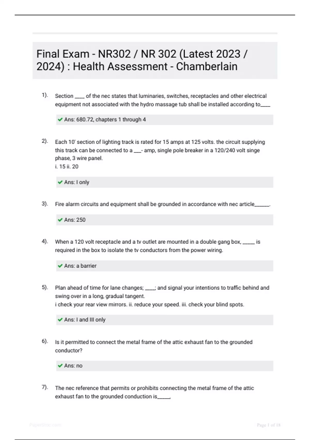 Final Exam NR302 NR 302 Latest Health Assessment Chamberlain - NR 509 ...