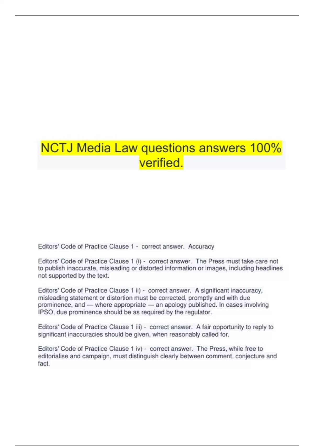 NCTJ Media Law questions answers 100% verified. - NCTJ Media - Stuvia US