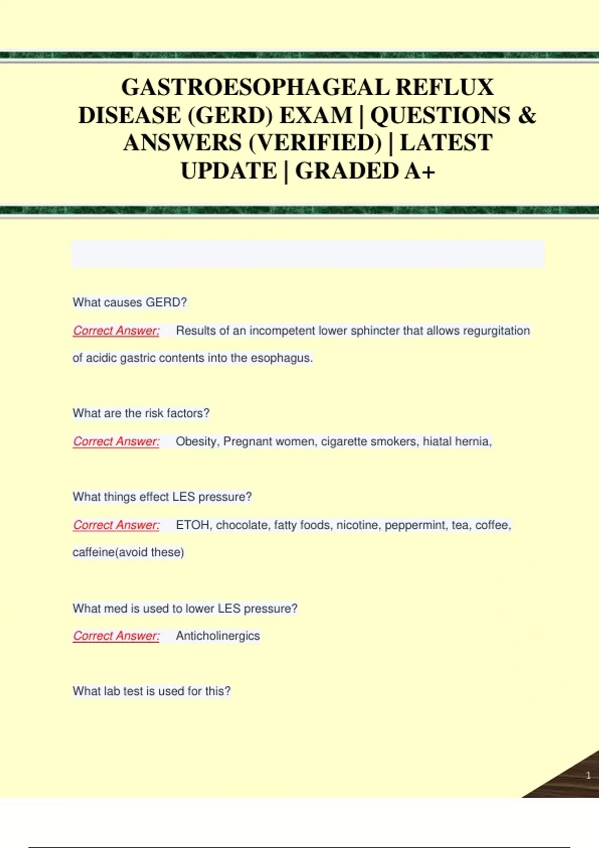 GASTROESOPHAGEAL REFLUX DISEASE (GERD) EXAM | QUESTIONS & ANSWERS ...
