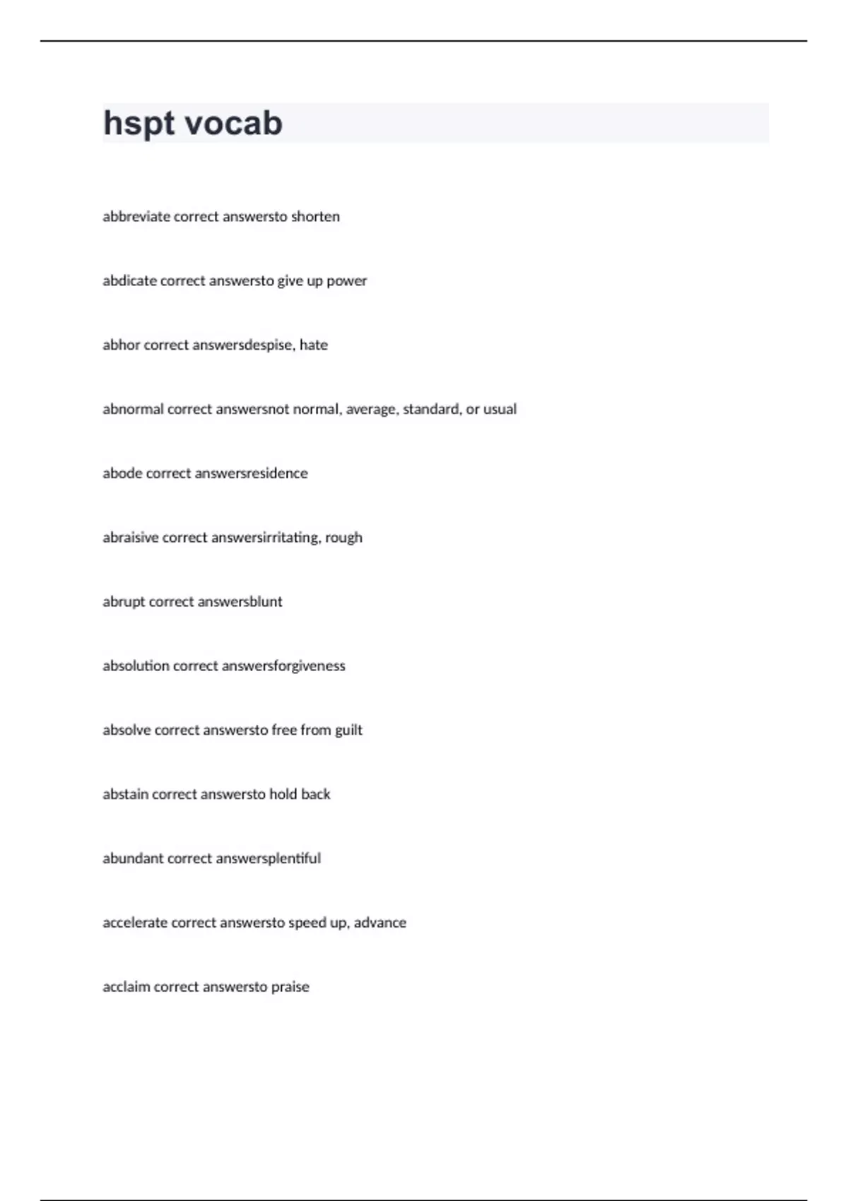 hspt vocab exam 2024 with 100% correct answers - Hspt vocab - Stuvia US