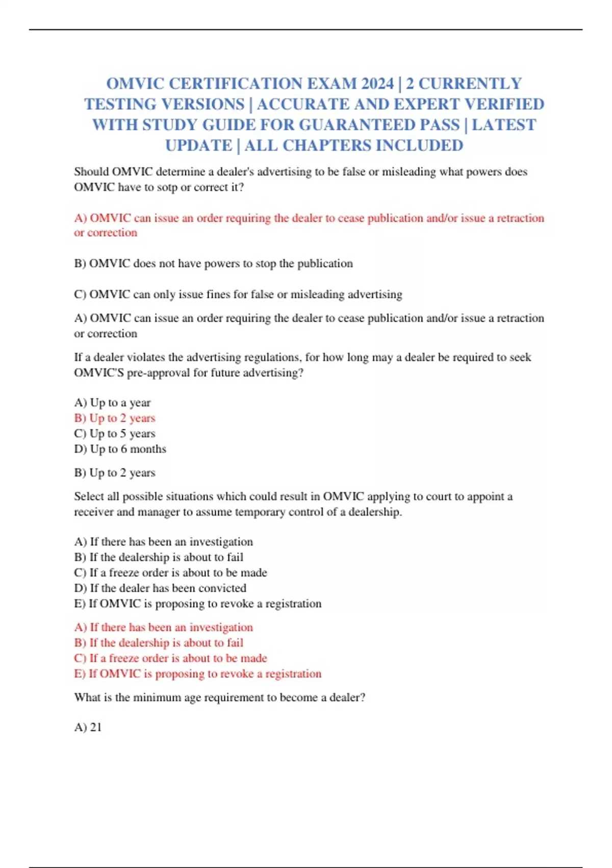 OMVIC CERTIFICATION EXAM 2024 | 2 CURRENTLY TESTING VERSIONS | ACCURATE ...