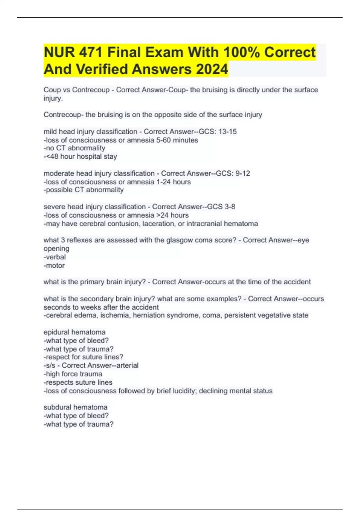 NUR 471 Final Exam With 100% Correct And Verified Answers 2024 - NUR ...