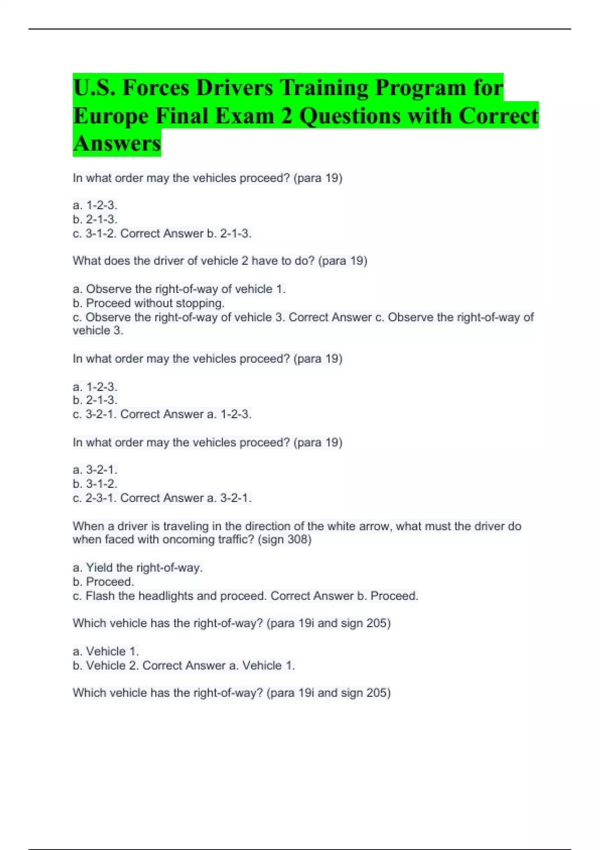 U.S. Forces Drivers Training Program for Europe Final Exam 2 Questions ...