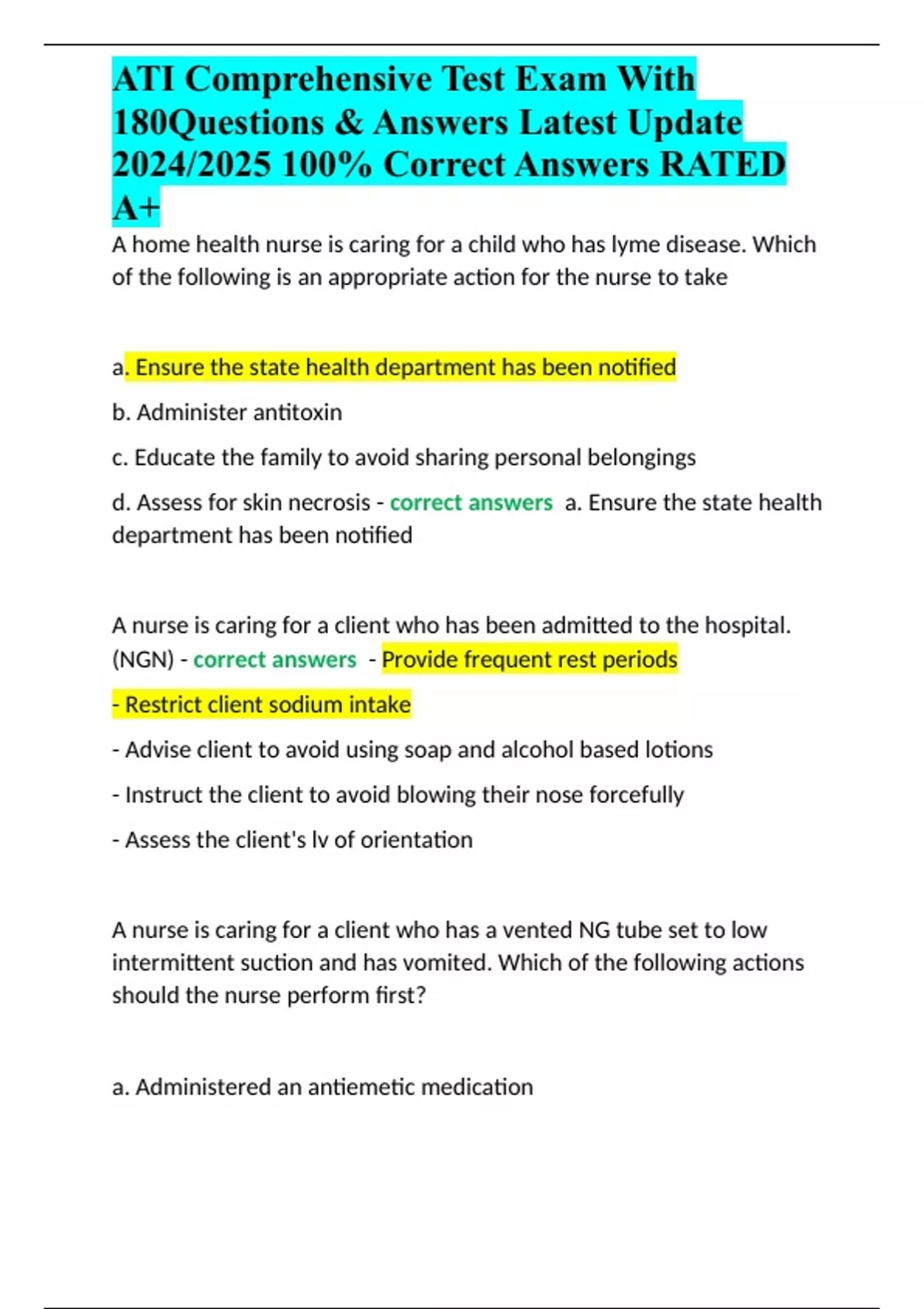 ATI Comprehensive Test Exam With 180Questions & Answers Latest Update ...