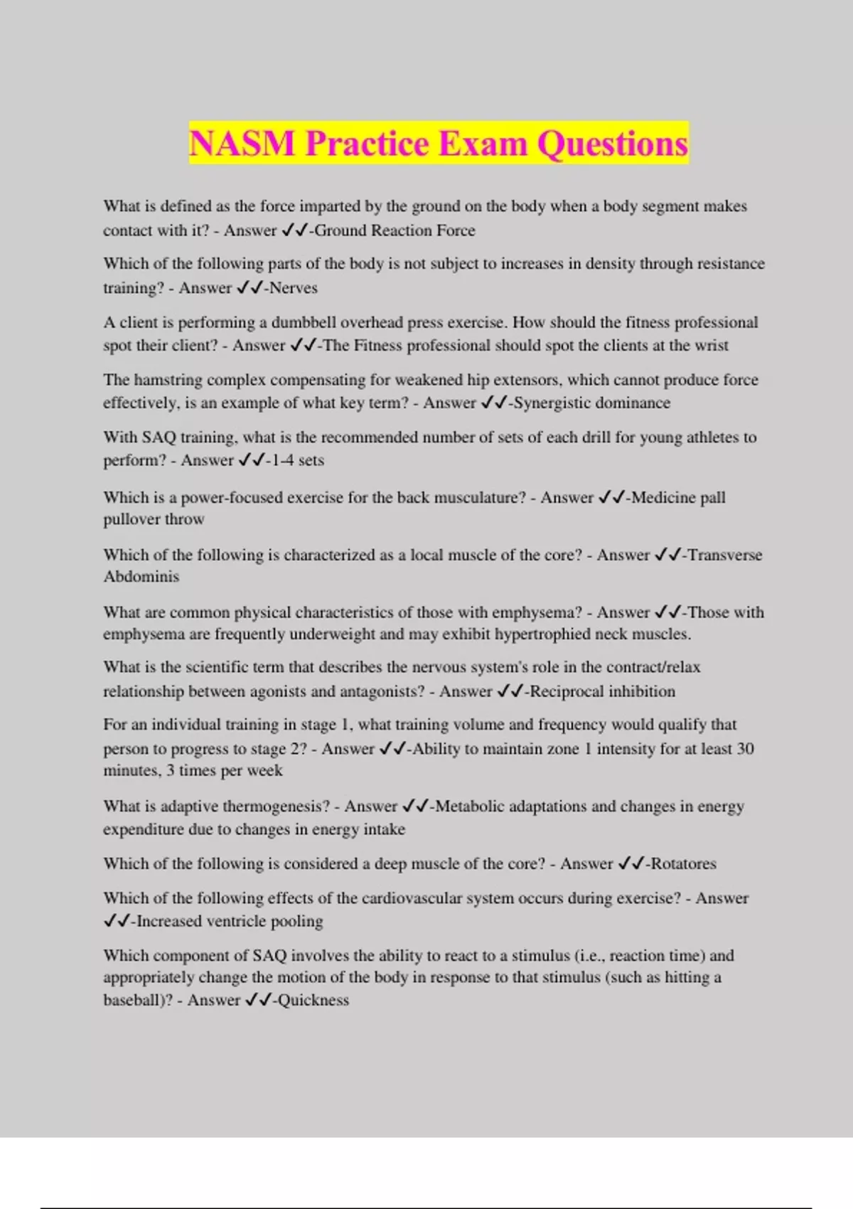 NASM Practice Exam Questions with Correct Answers - NASM - Stuvia US