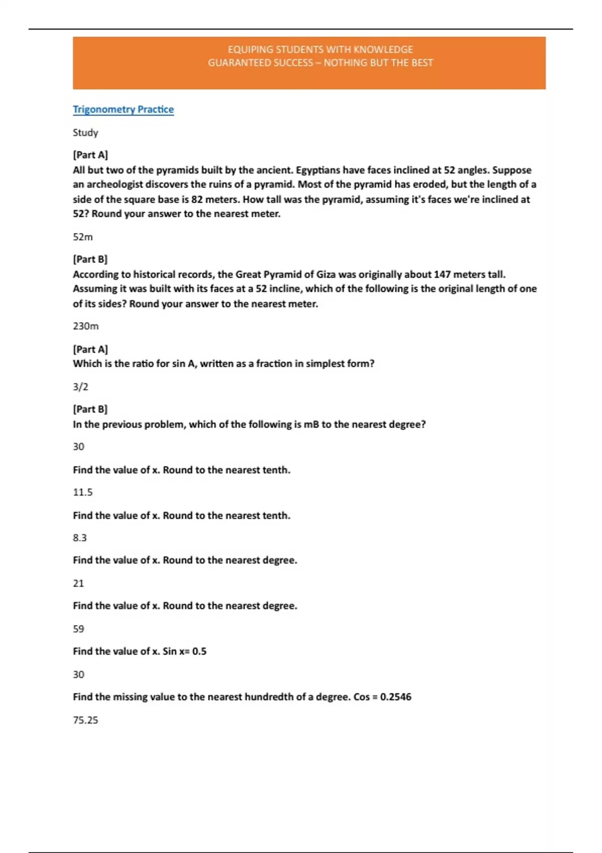 Trigonometry Practice Latest Updated A+ Guide Solution - Trigonometry ...