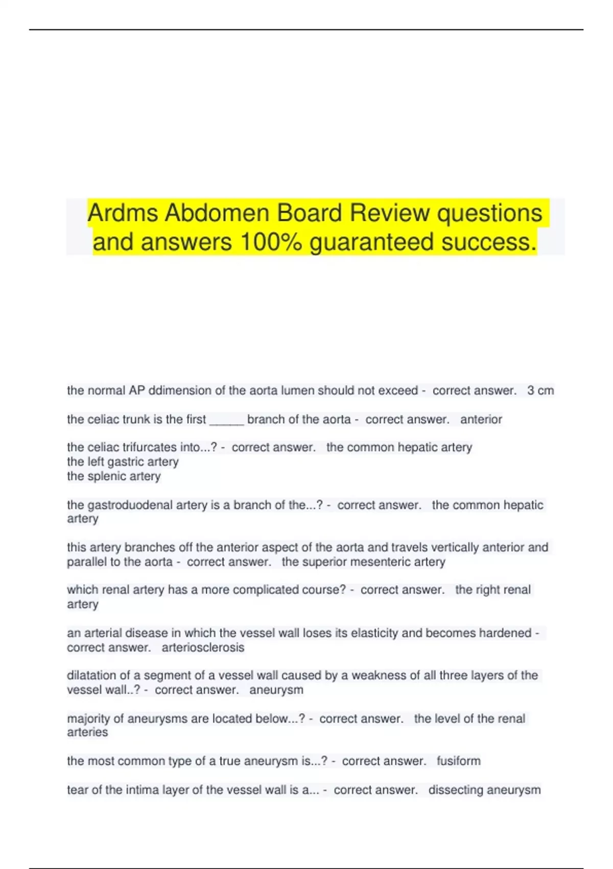Ardms Abdomen Board Review questions and answers 100% guaranteed ...