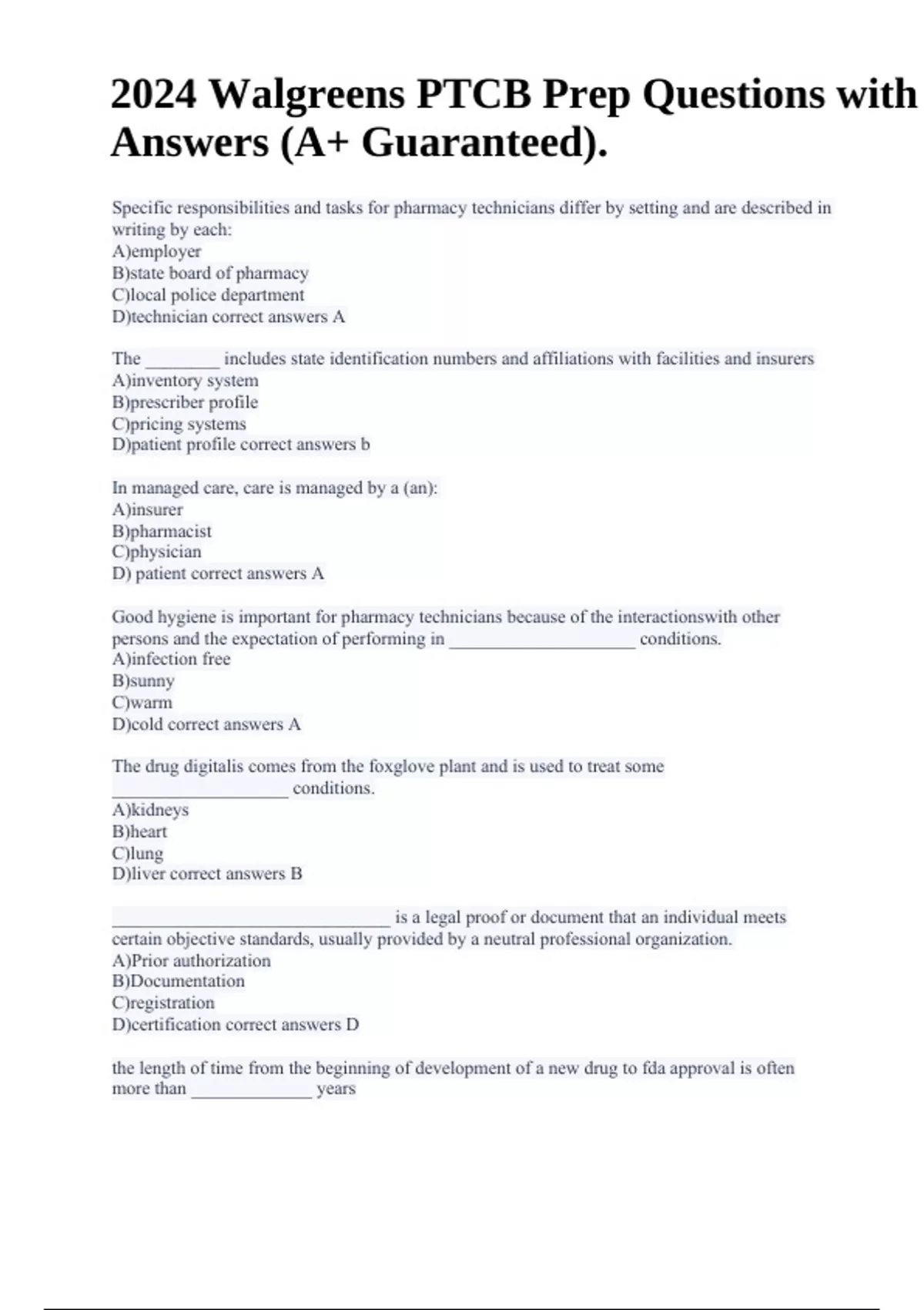 2024 Walgreens PTCB Prep Questions with Answers (A+ Guaranteed). - PTCB ...