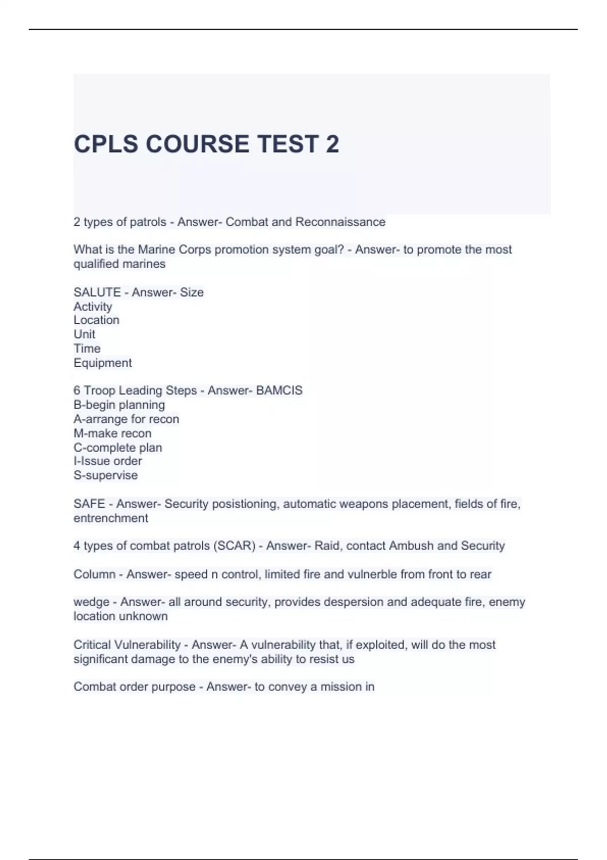 Cpls Course Test 2 Questions And Answers 2024 Corporals Course Stuvia Us