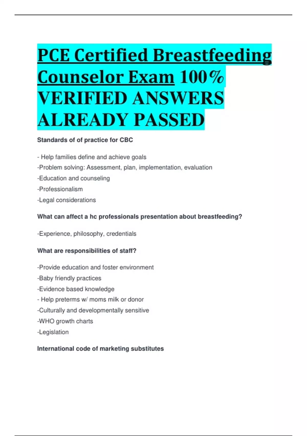 BEST ANSWERS PCE Certified Breastfeeding Counselor Exam 100% VERIFIED ANSWERS ALREADY PASSED ...