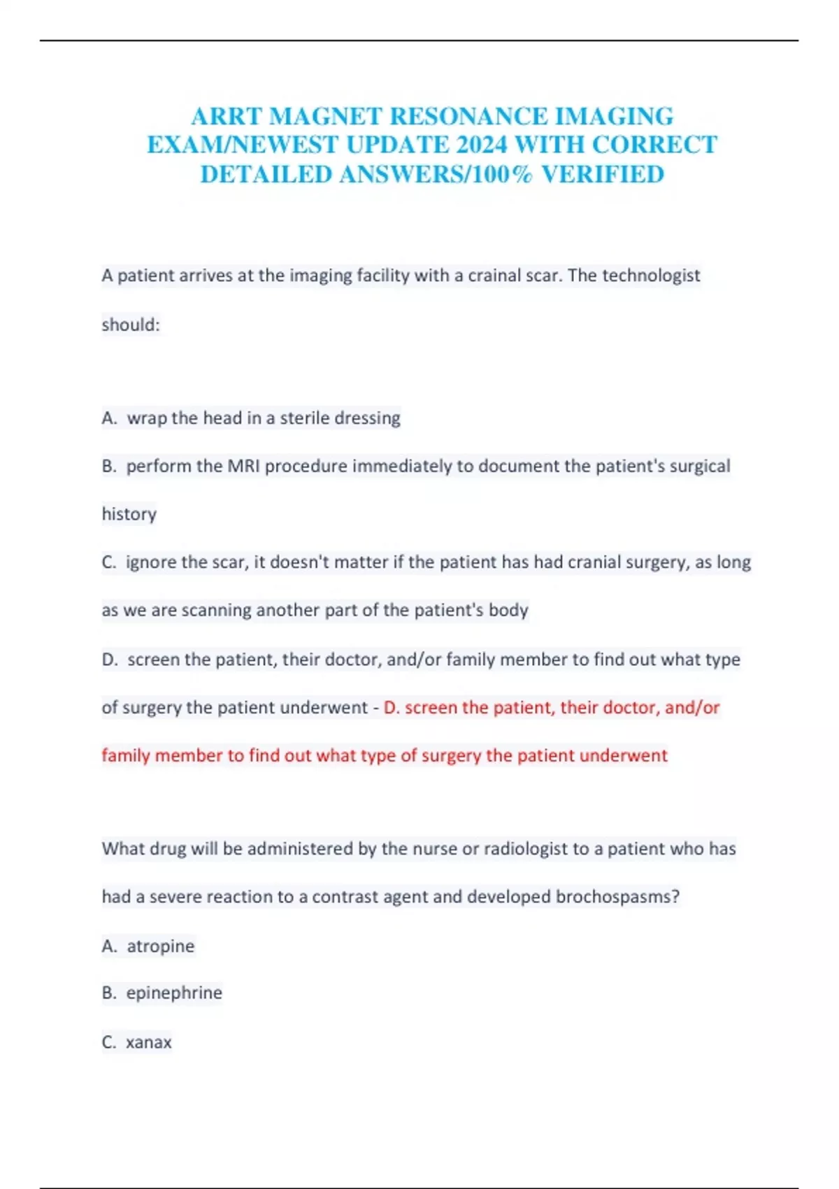 ARRT MAGNET RESONANCE IMAGING EXAM/NEWEST UPDATE 2024 WITH CORRECT ...