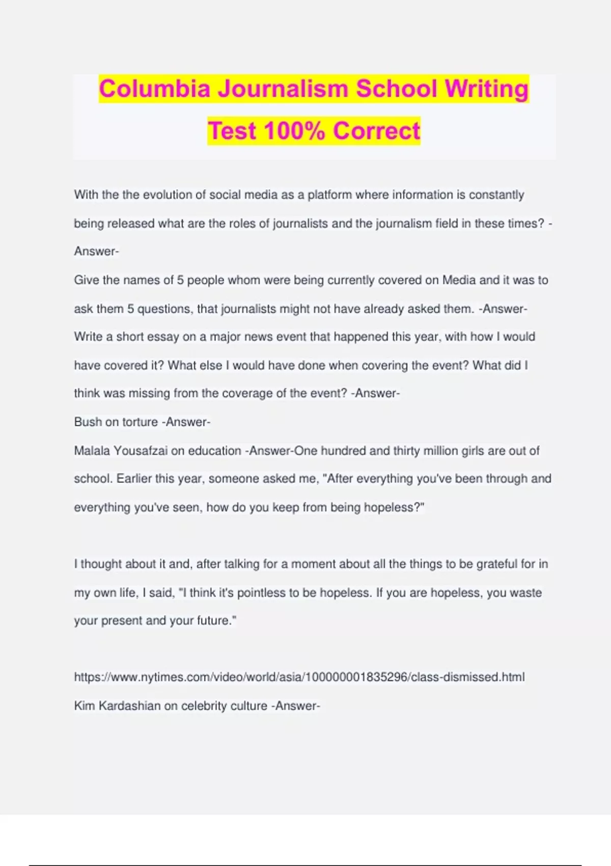 Columbia Journalism School Writing Test 100% Correct - Columbia ...