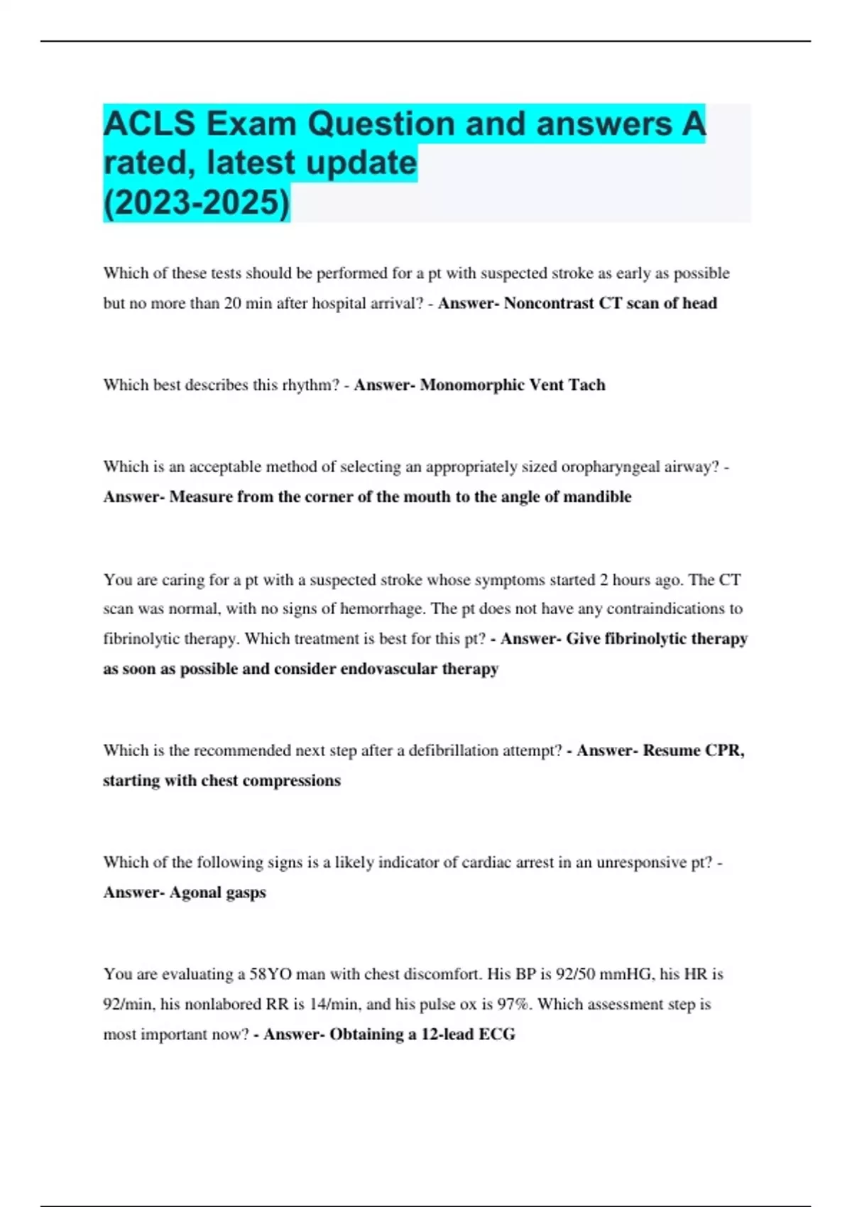 ACLS Exam Question and answers A rated, latest update () - AHA ACLS ...