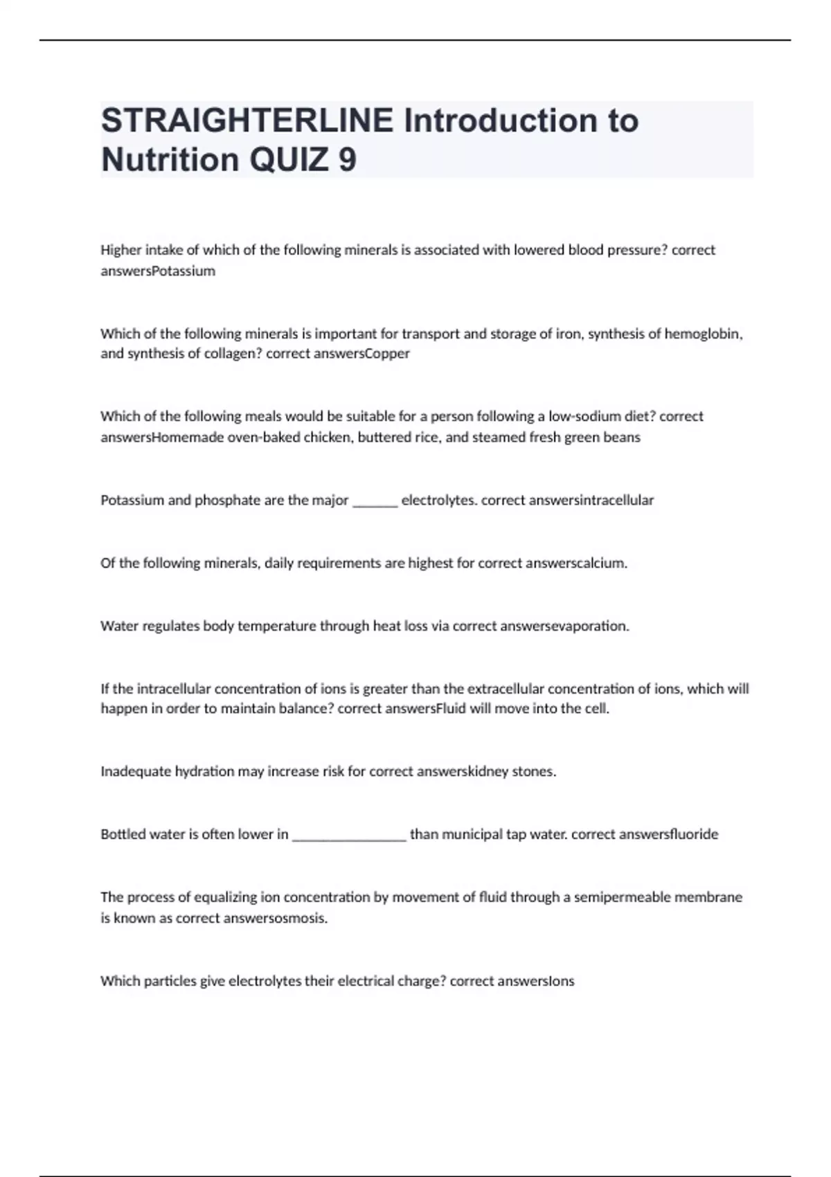 STRAIGHTERLINE Introduction to Nutrition QUIZ 9 2024 with verified ...
