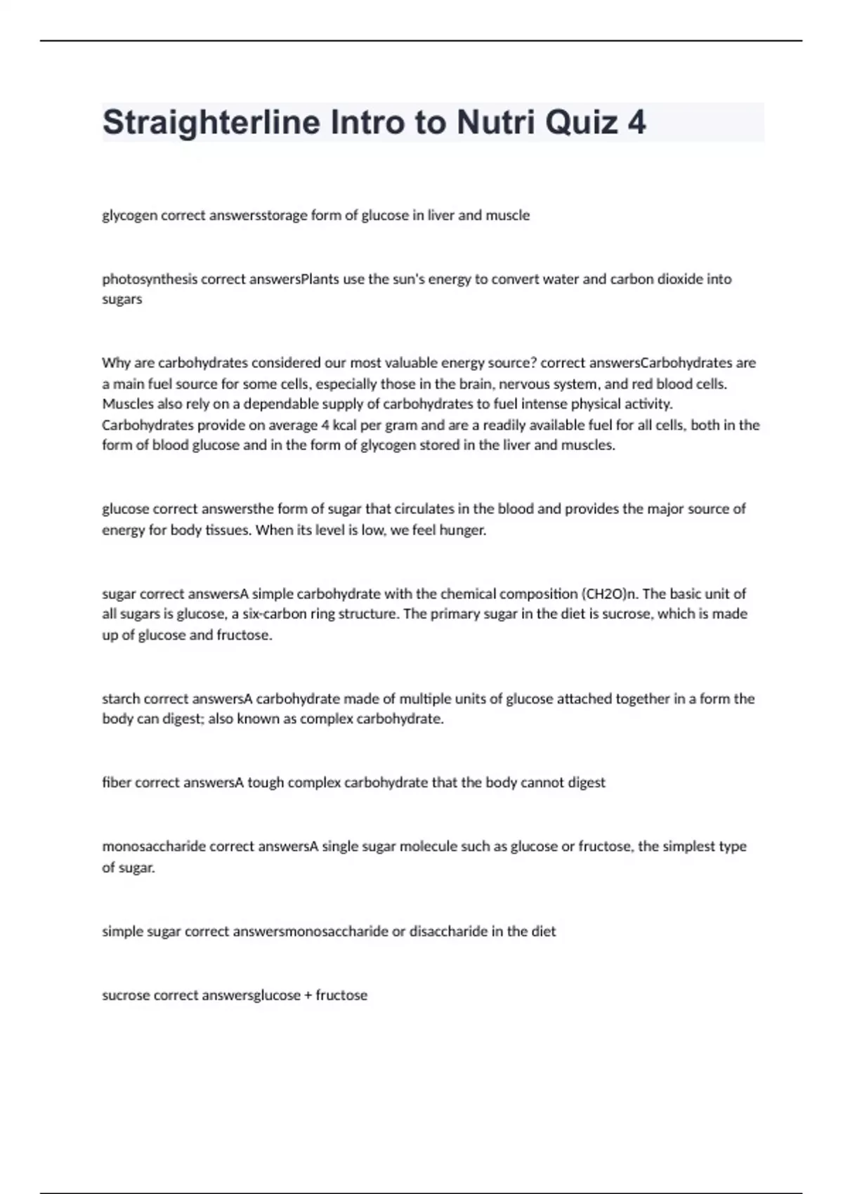 Straighterline Intro to Nutri Quiz 4 with 100% correct answers - Straighterline Intro to Nutri Q ...