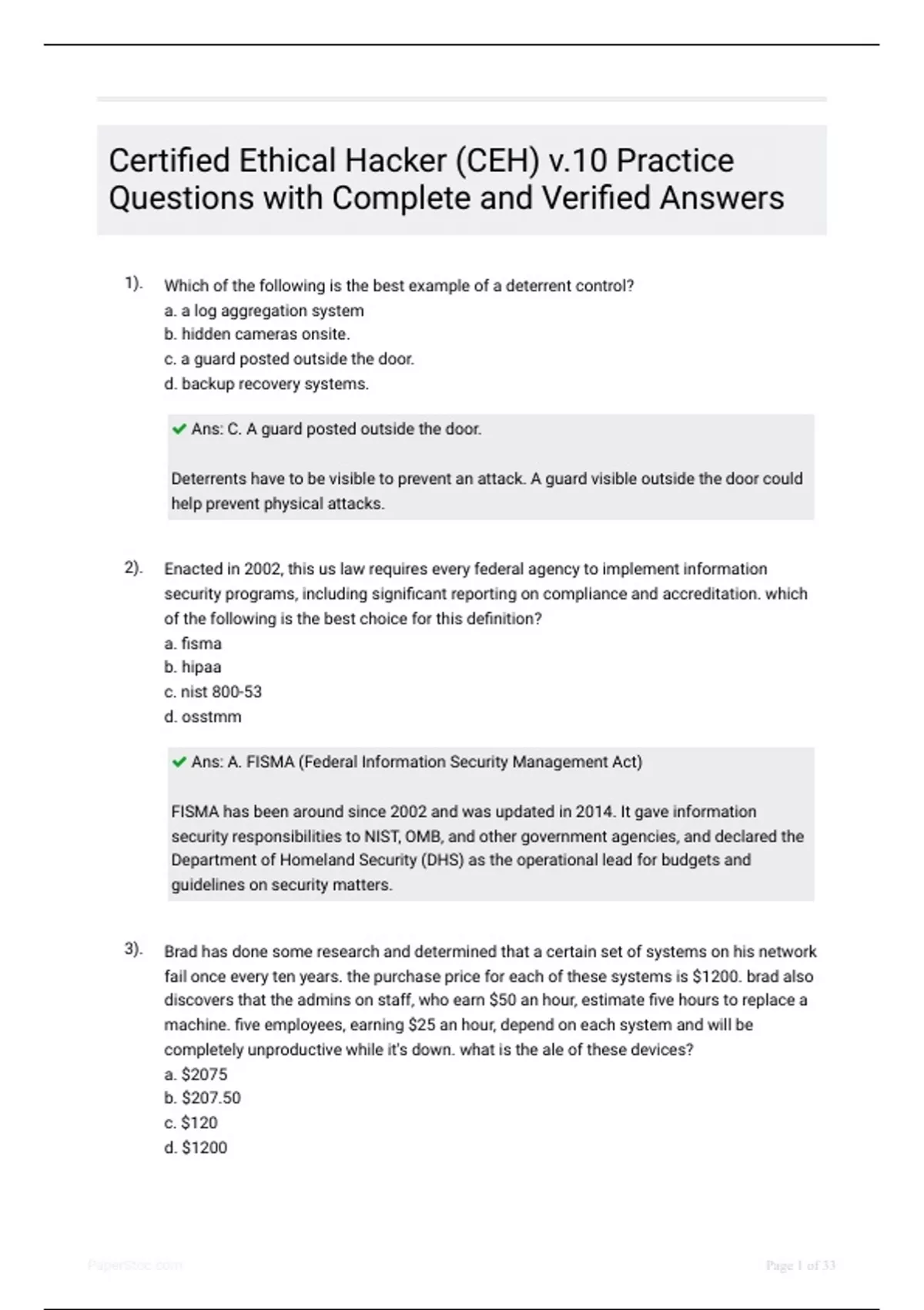 Certified Ethical Hacker CEH v10 Practice Questions with Complete and Verified Answers - NU1426 ...