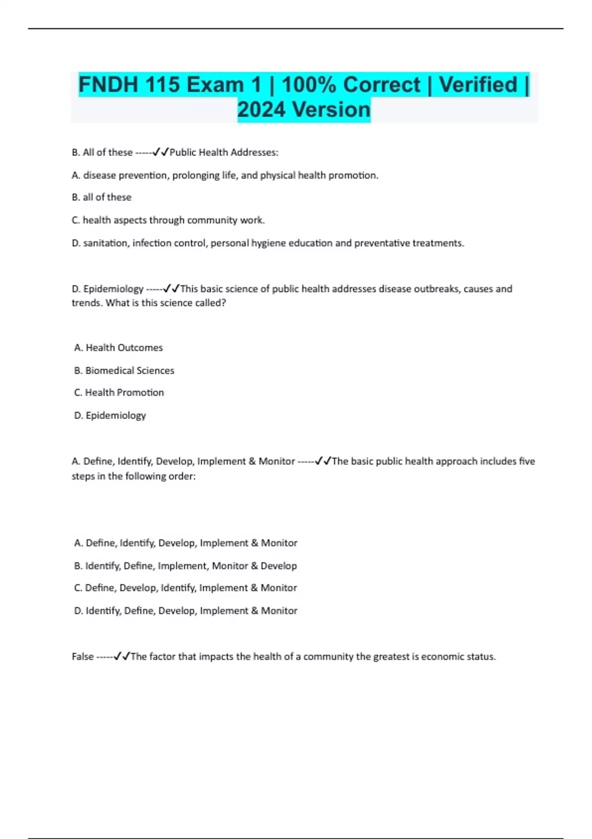 FNDH 115 Exam 1 | 100% Correct | Verified | 2024 Version - FNDH 115 - Stuvia US