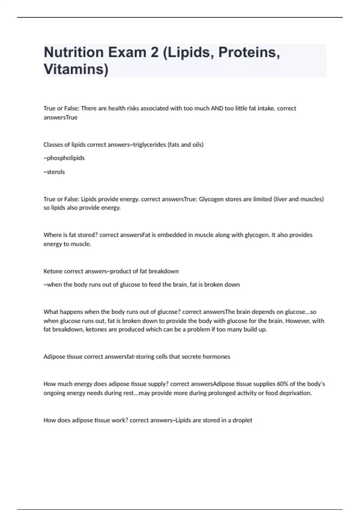 Nutrition Exam 2 (Lipids, Proteins, Vitamins) 2024 with 100% correct ...