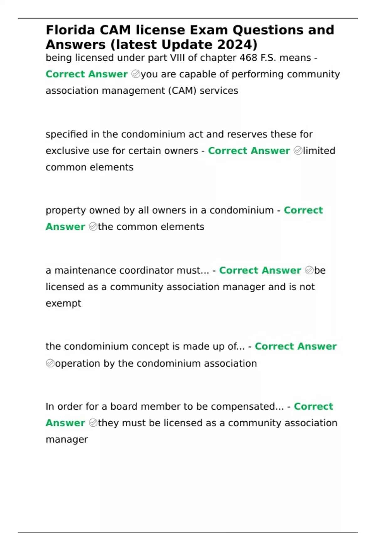 Florida CAM license Exam Questions and Answers (latest Update 2024 ...