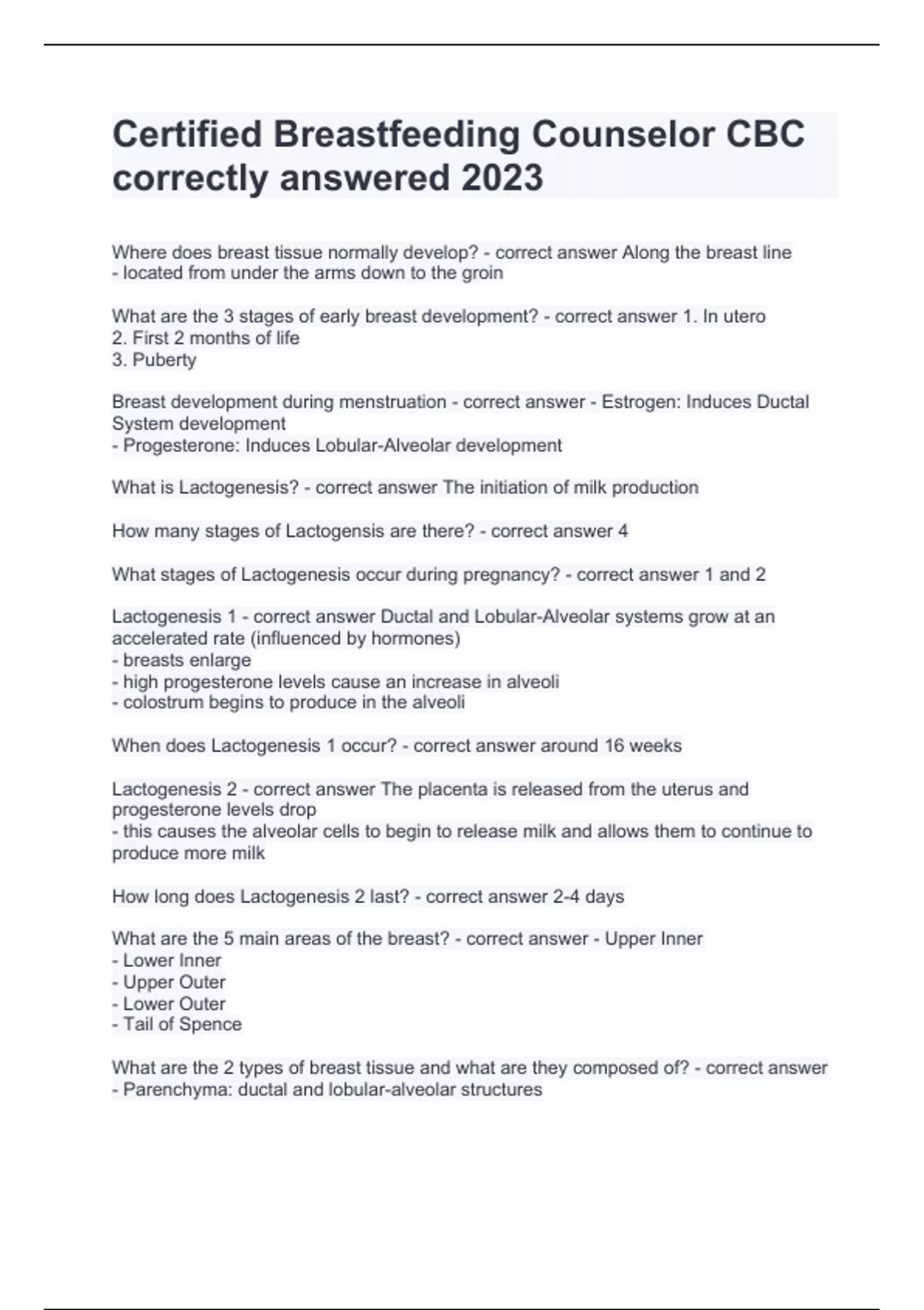 Certified Breastfeeding Counselor CBC correctly answered 2024 ...