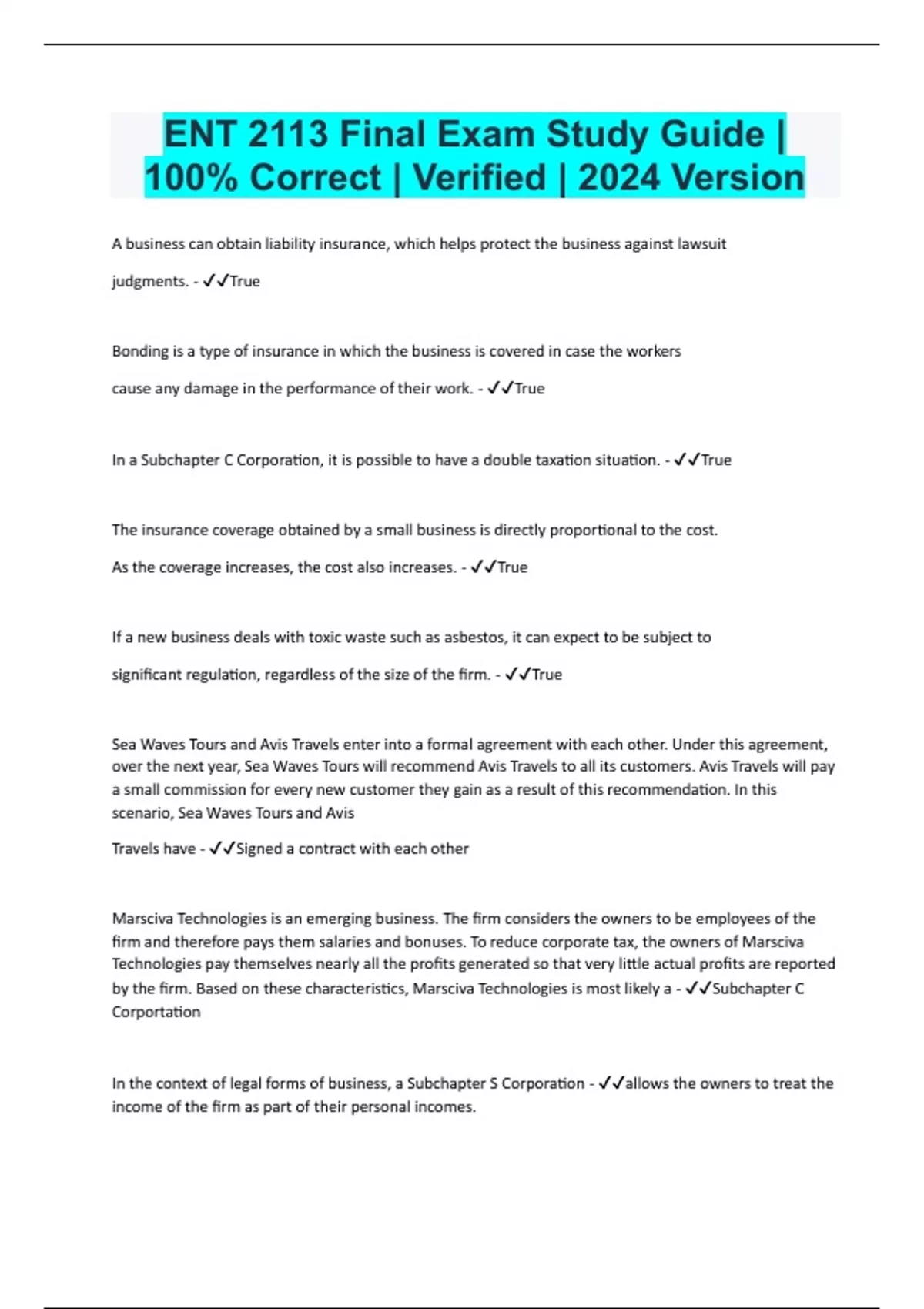 ENT 2113 Final Exam Study Guide | 100% Correct | Verified | 2024 Version - ENT 2113 - Stuvia US