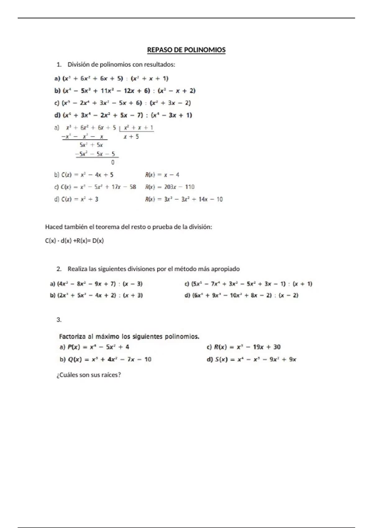 Ejercicios/Repaso Polinomios 1 bach - Matemáticas CCSS - Stuvia ES
