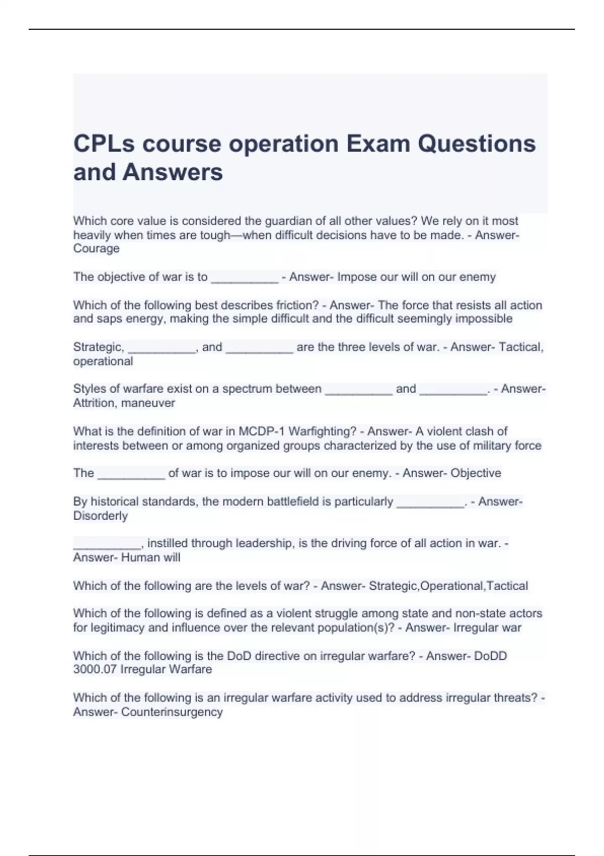 Cpls Course Operation Exam Questions And Answers 2024 Corporals Course Stuvia Us