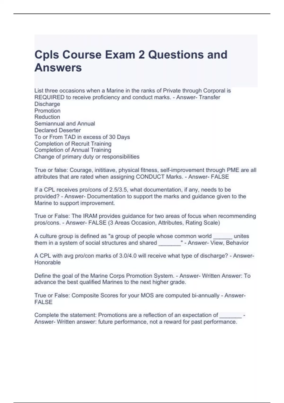 Cpls Course Exam 2 Questions And Answers 2024 Corporals Course Stuvia Us
