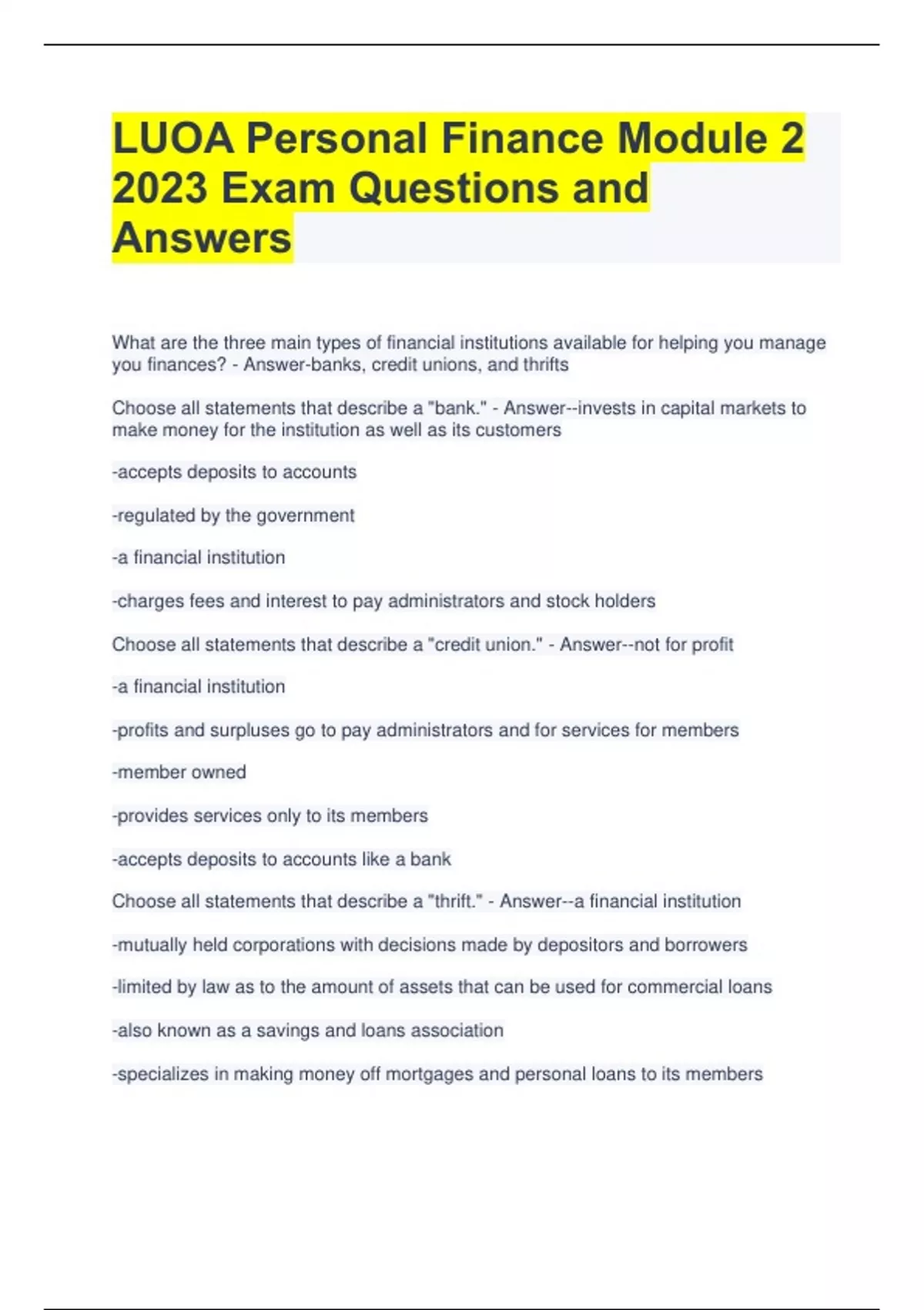 LUOA Personal Finance Module 2 2023 Exam Questions and Answers - LUOA ...