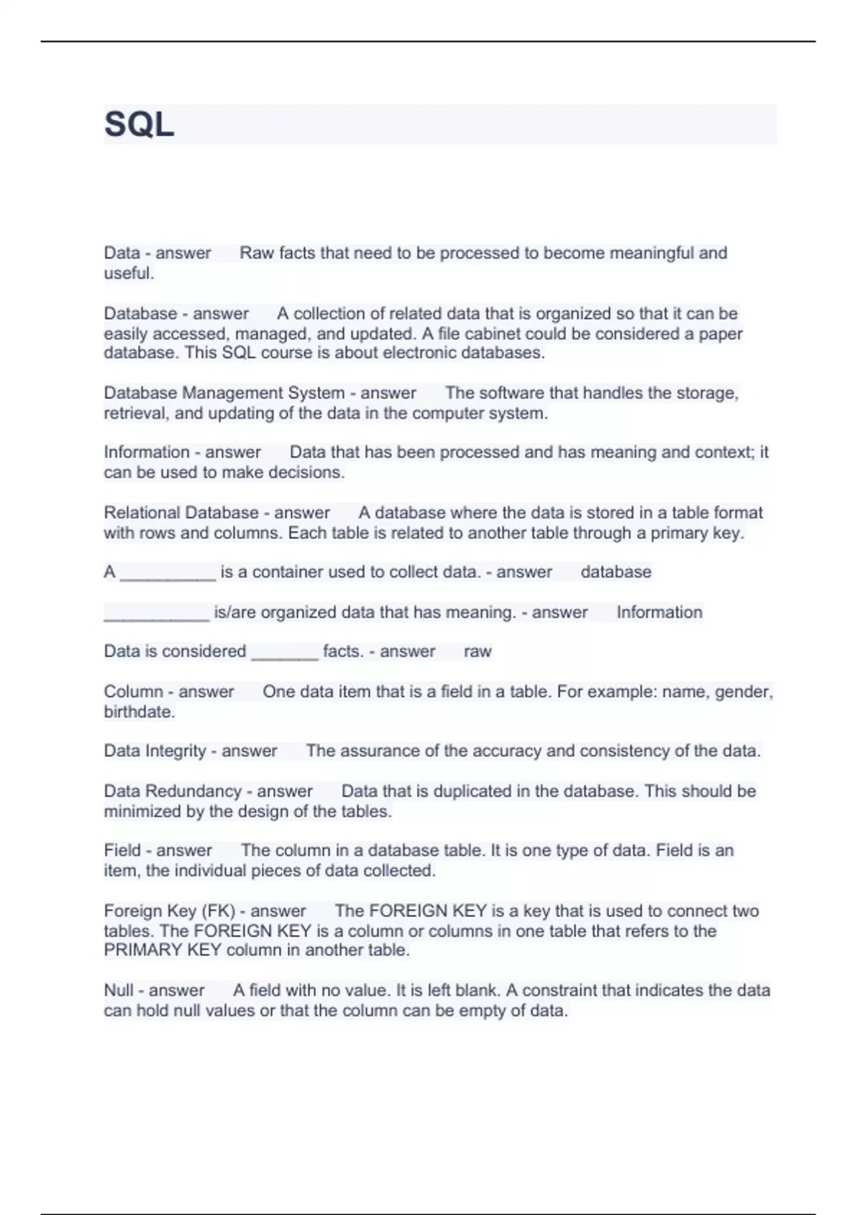 SQL QUESTIONS WITH CORRECT ANSWERS 2024 - Sql - Stuvia US