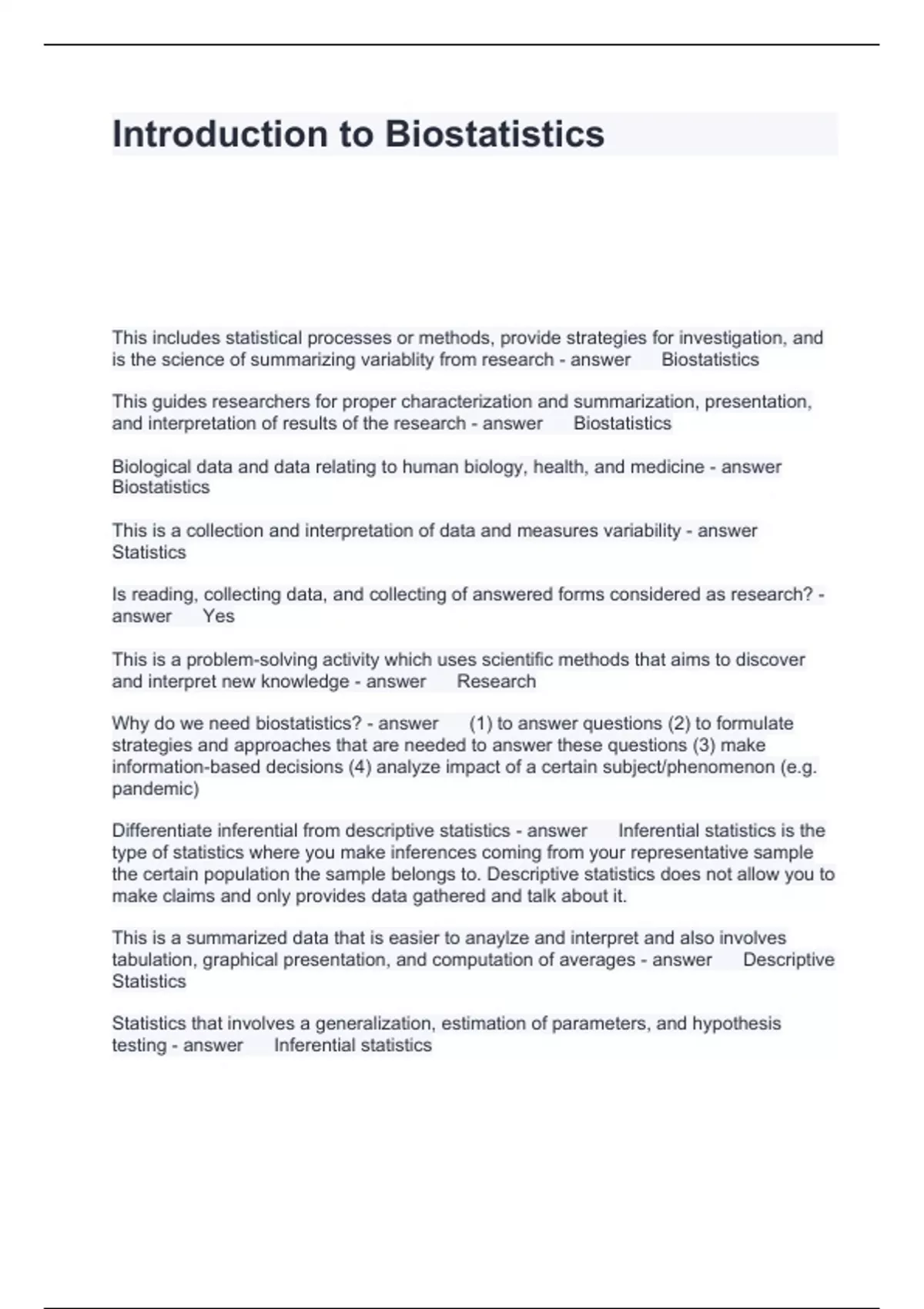 Introduction to Biostatistics Questions and Answers 2024 - Biostats - Stuvia US