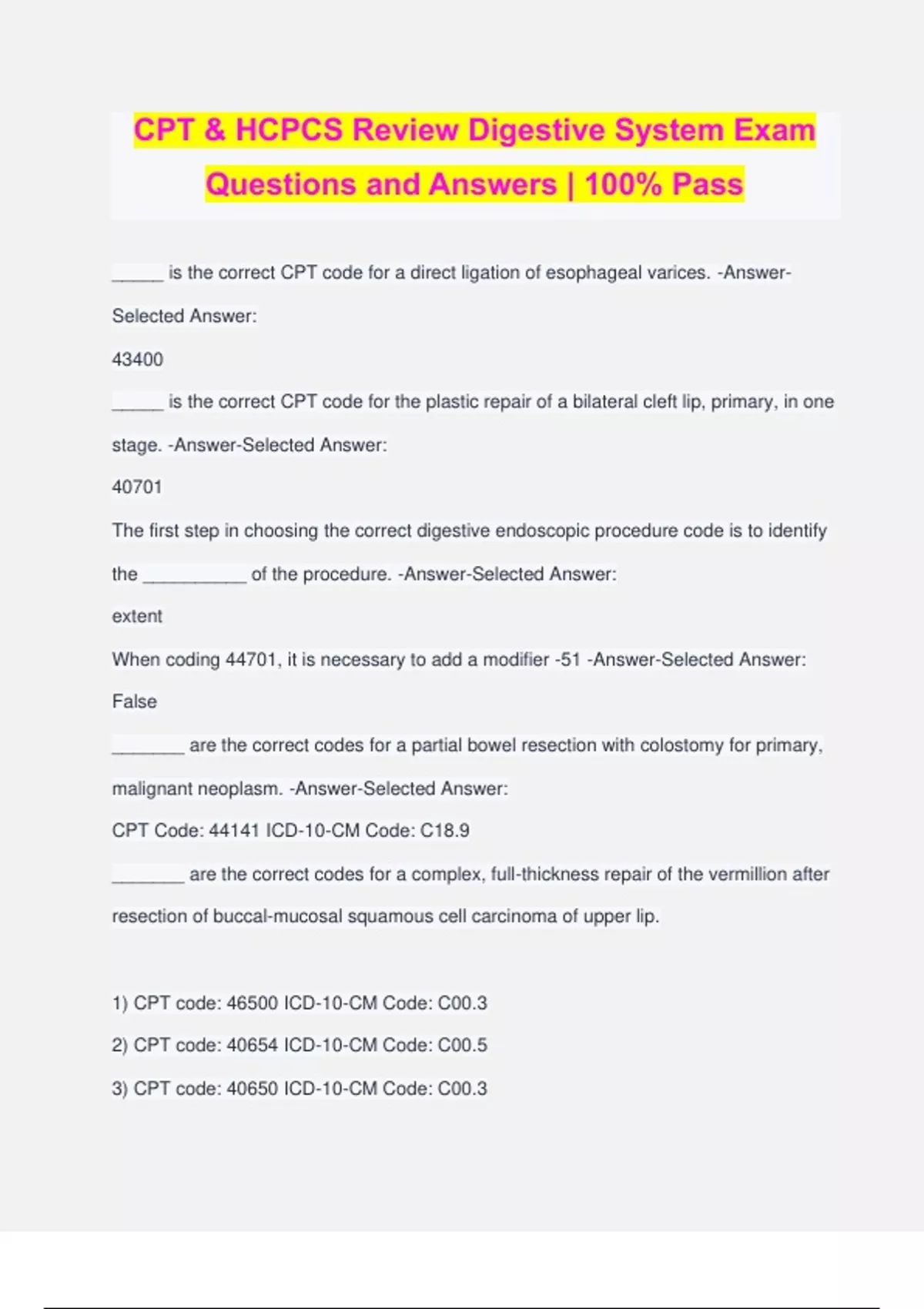 CPT & HCPCS Review Digestive System Exam Questions and Answers | 100% ...