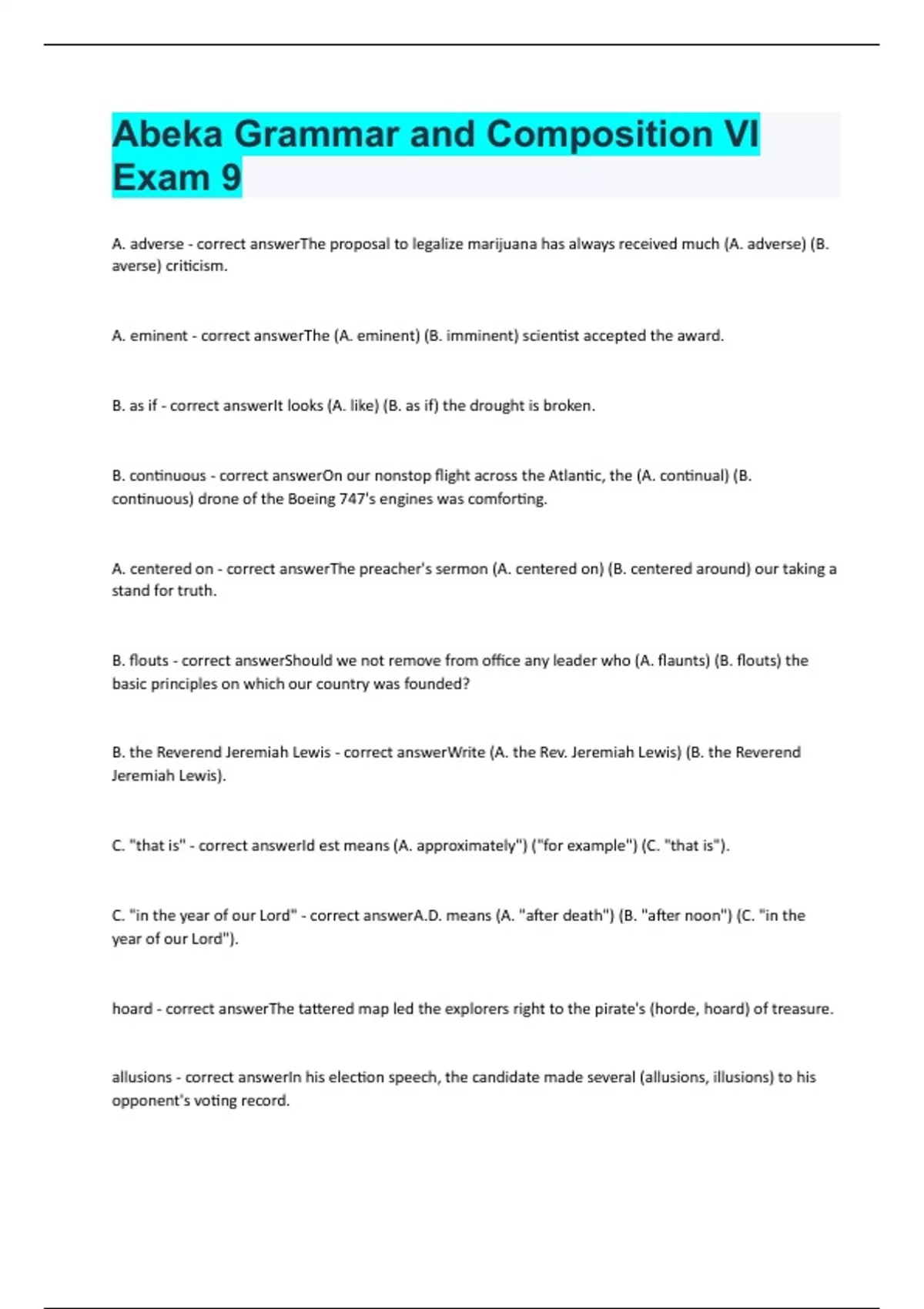 Abeka Grammar and Composition VI Exam 9 Questions and answers latest ...