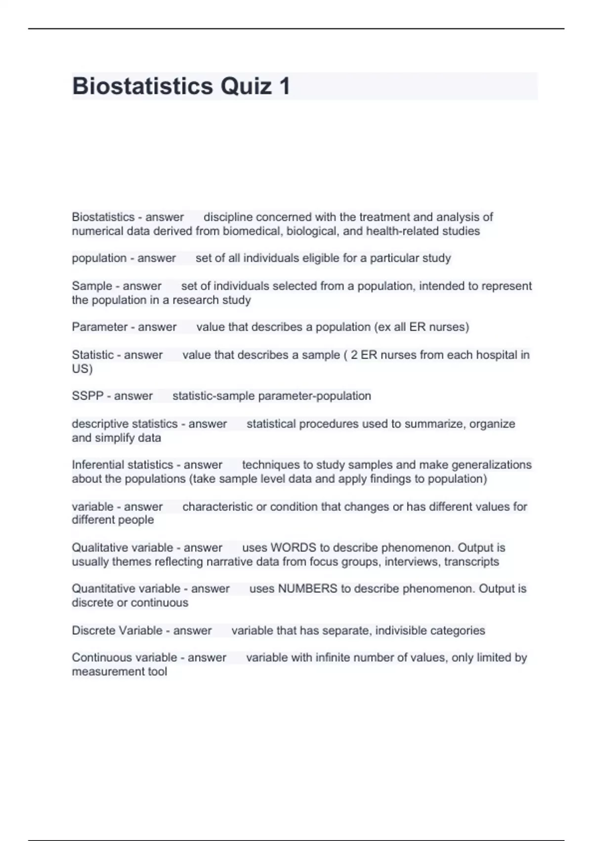 Biostatistics Quiz 1 Questions and Answers Graded A - Biostats - Stuvia US