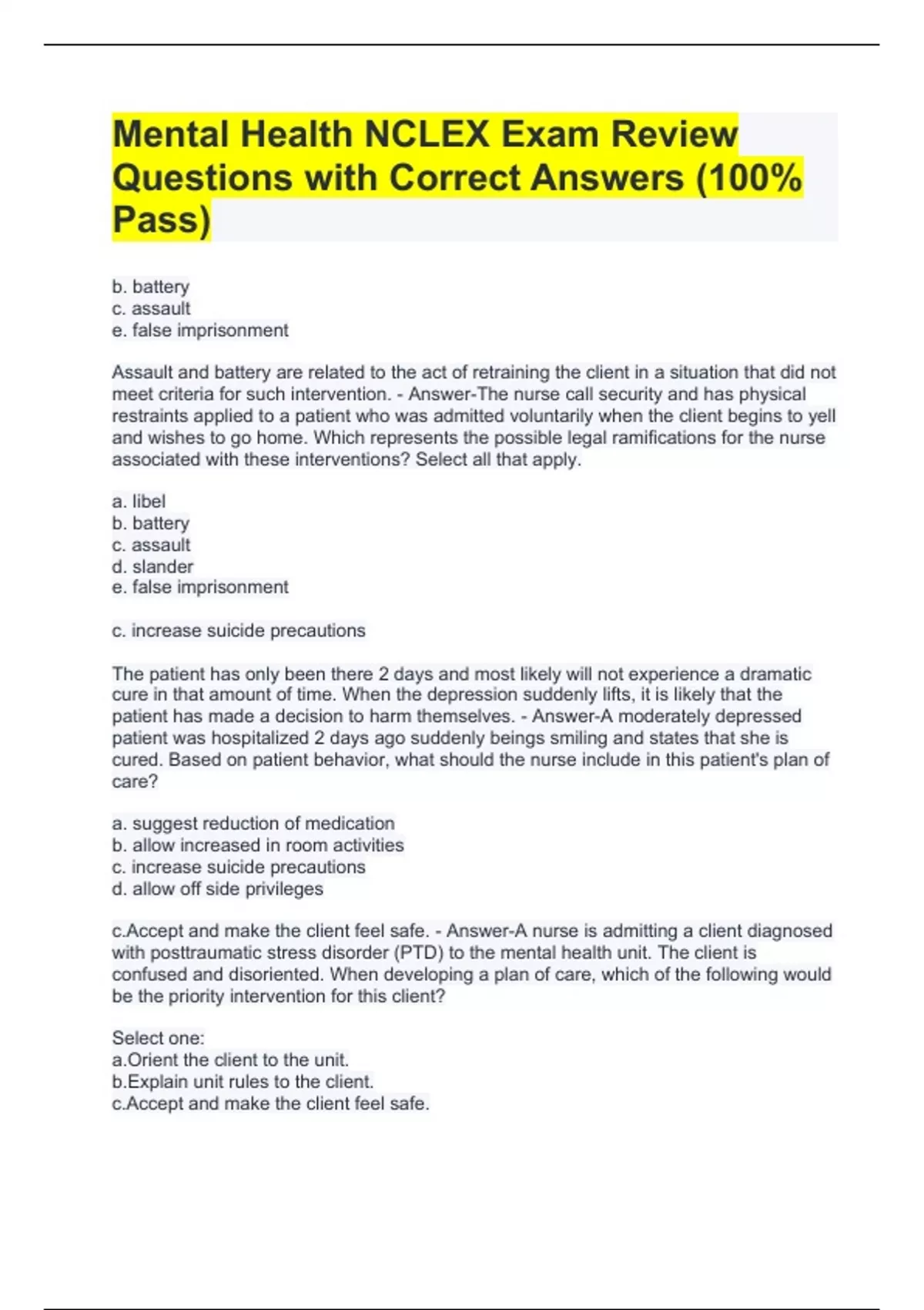 Mental Health NCLEX Exam Review Questions with Correct Answers (100% ...