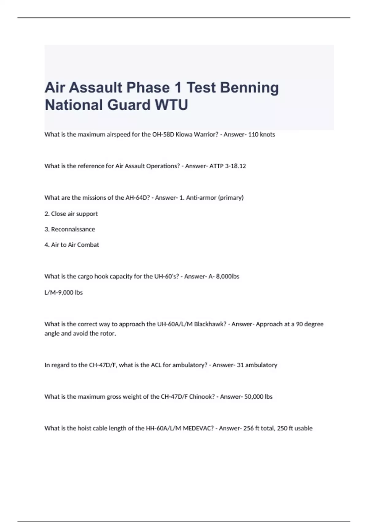 Air Assault Phase 1 Test Benning National Guard WTU Questions and ...