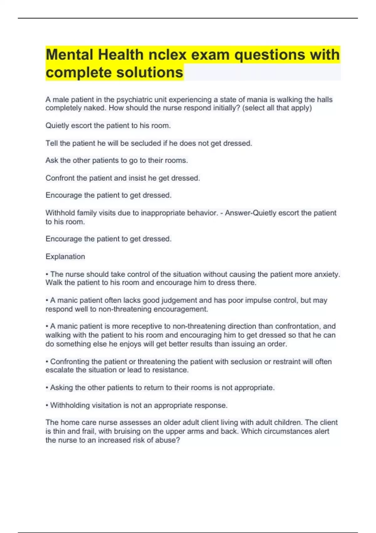 Mental Health nclex exam questions with complete solutions - NCLEX ...