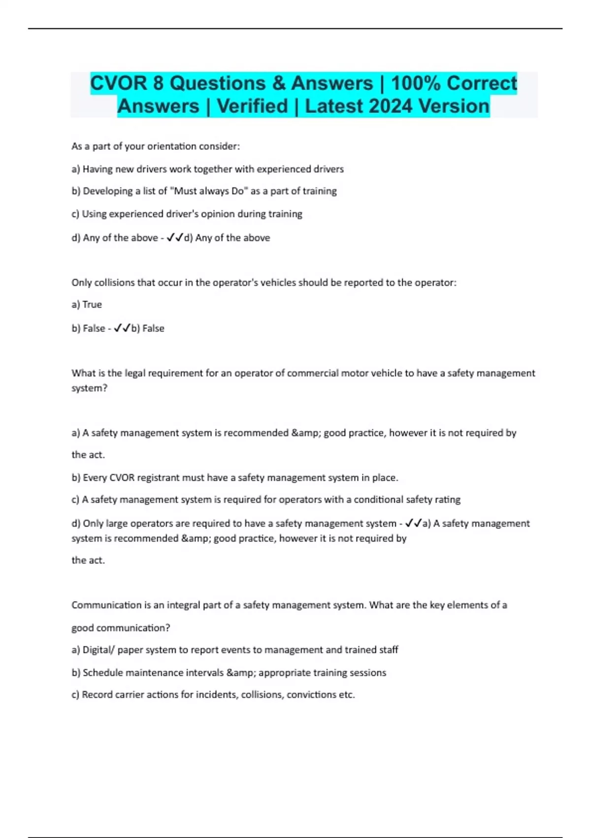 CVOR 8 Questions & Answers | 100% Correct Answers | Verified | Latest ...