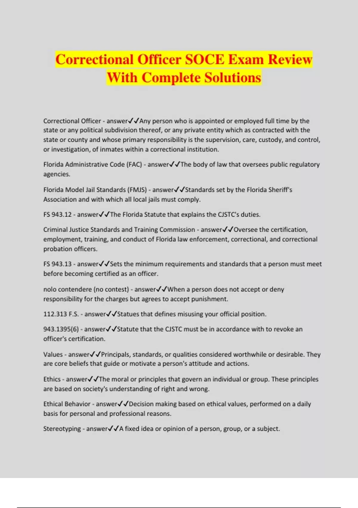 Correctional Officer SOCE Exam Review With Complete Solutions - SOCE ...